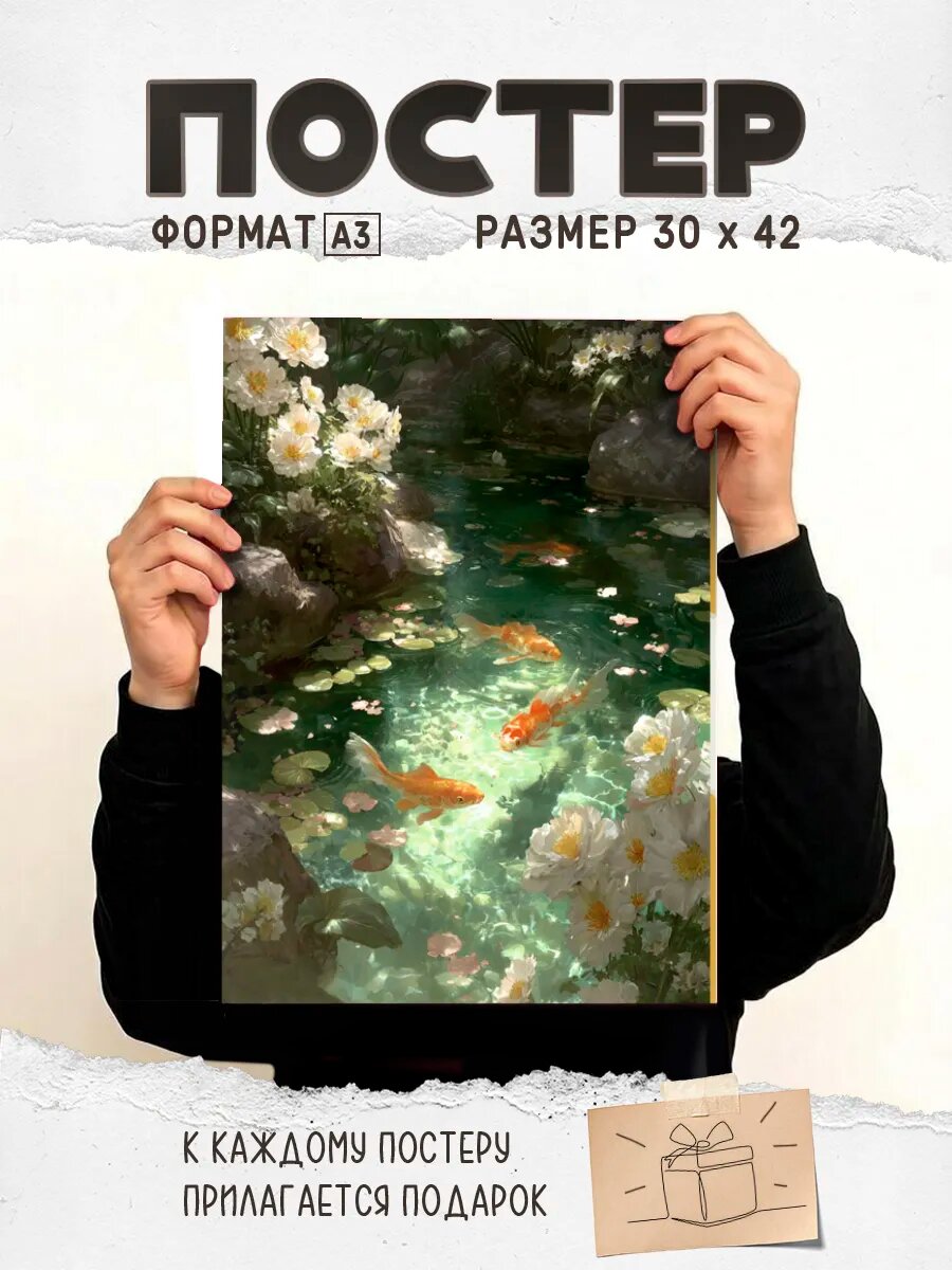 Постер на стену с рыбками — цветущий пруд
