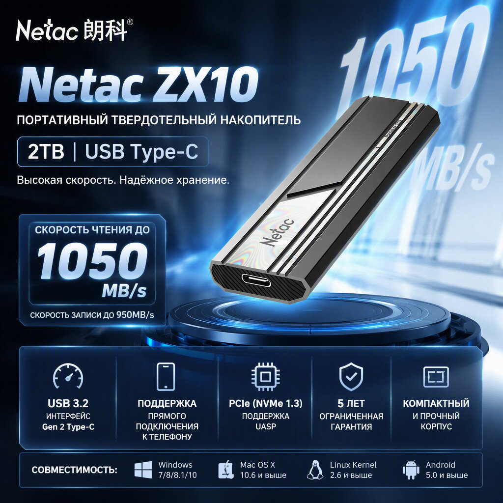 Внешний диск SSD Netac ZX10, NT01ZX10-002T-32BK, USB 3.2 Gen 2 Type-C, 2 ТБ, Портативный SSD, чёрный