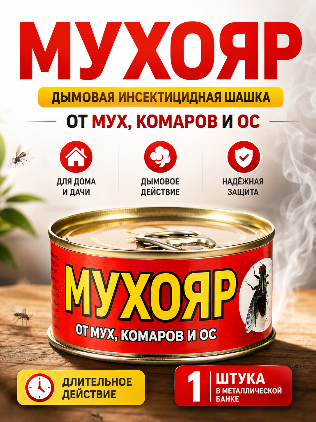 Дымовая инсектицидная шашка Мухояр от мух, комаров и ос, 100г