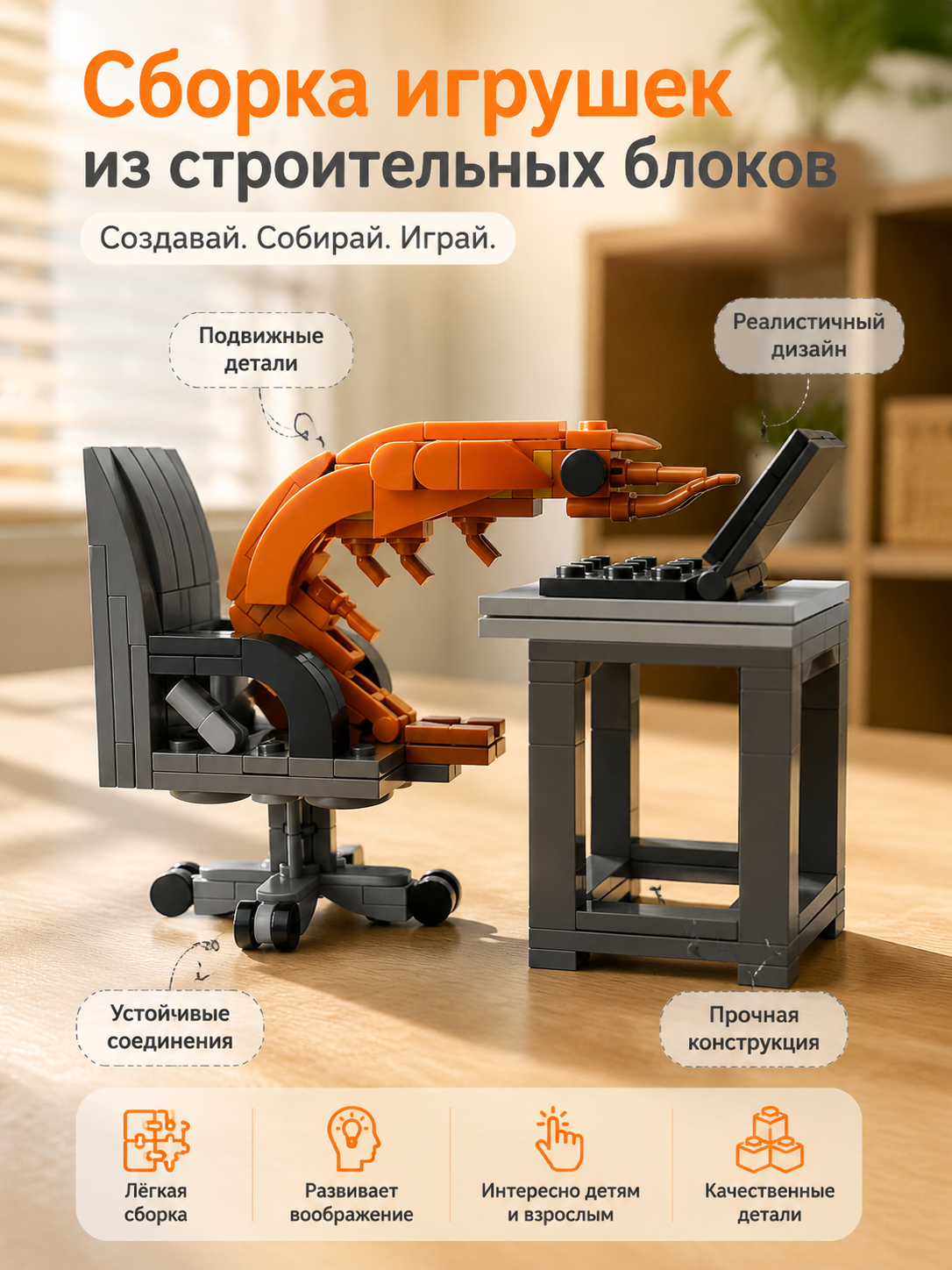 Конструктор Креветка с фразой "Серьезно?", развивающий сборный пазл