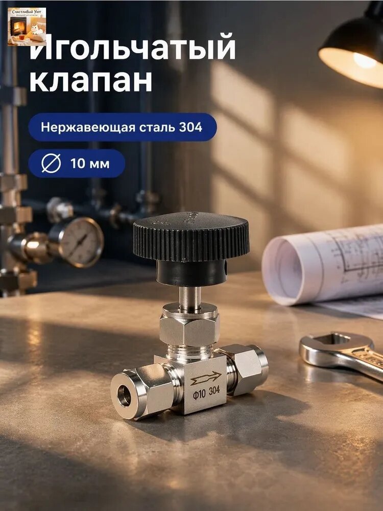 Игольчатый клапан обжимной прямой 10 мм, нержавеющая сталь 304, для воды, масла и газа