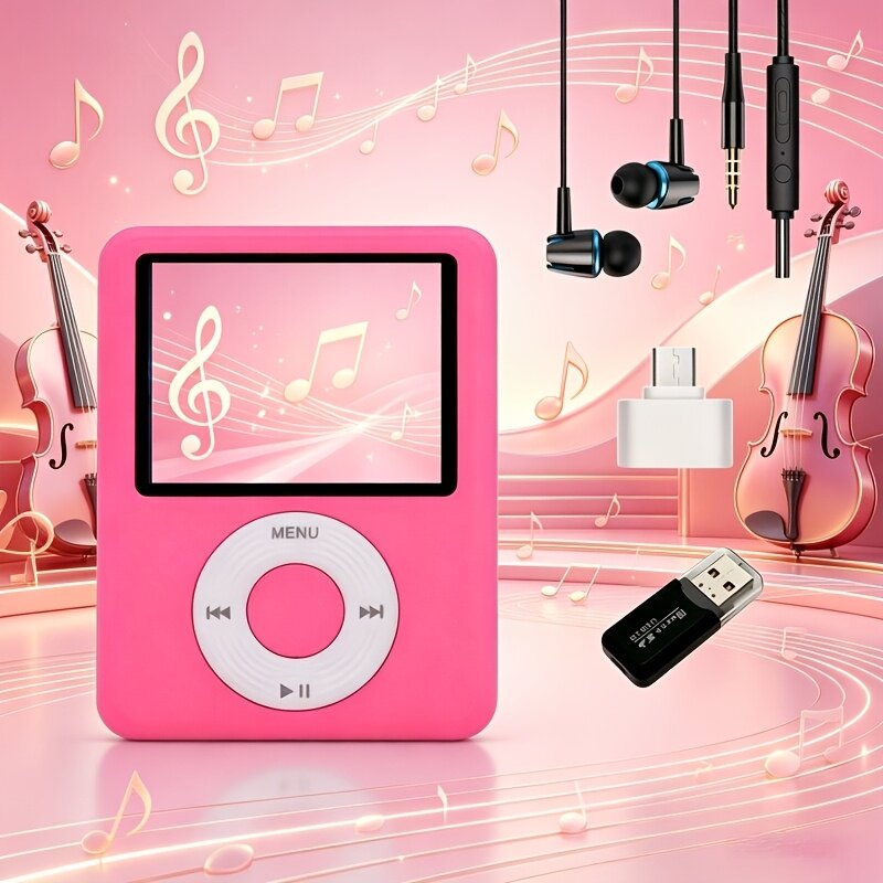 Портативный многофункциональный MP3-плеер розового цвета с внешним динамиком и поддержкой Dual OTG, в комплекте кабель передачи данных и наушники, функции записи звука, будильника, чтения электронных книг и воспроизведения видео