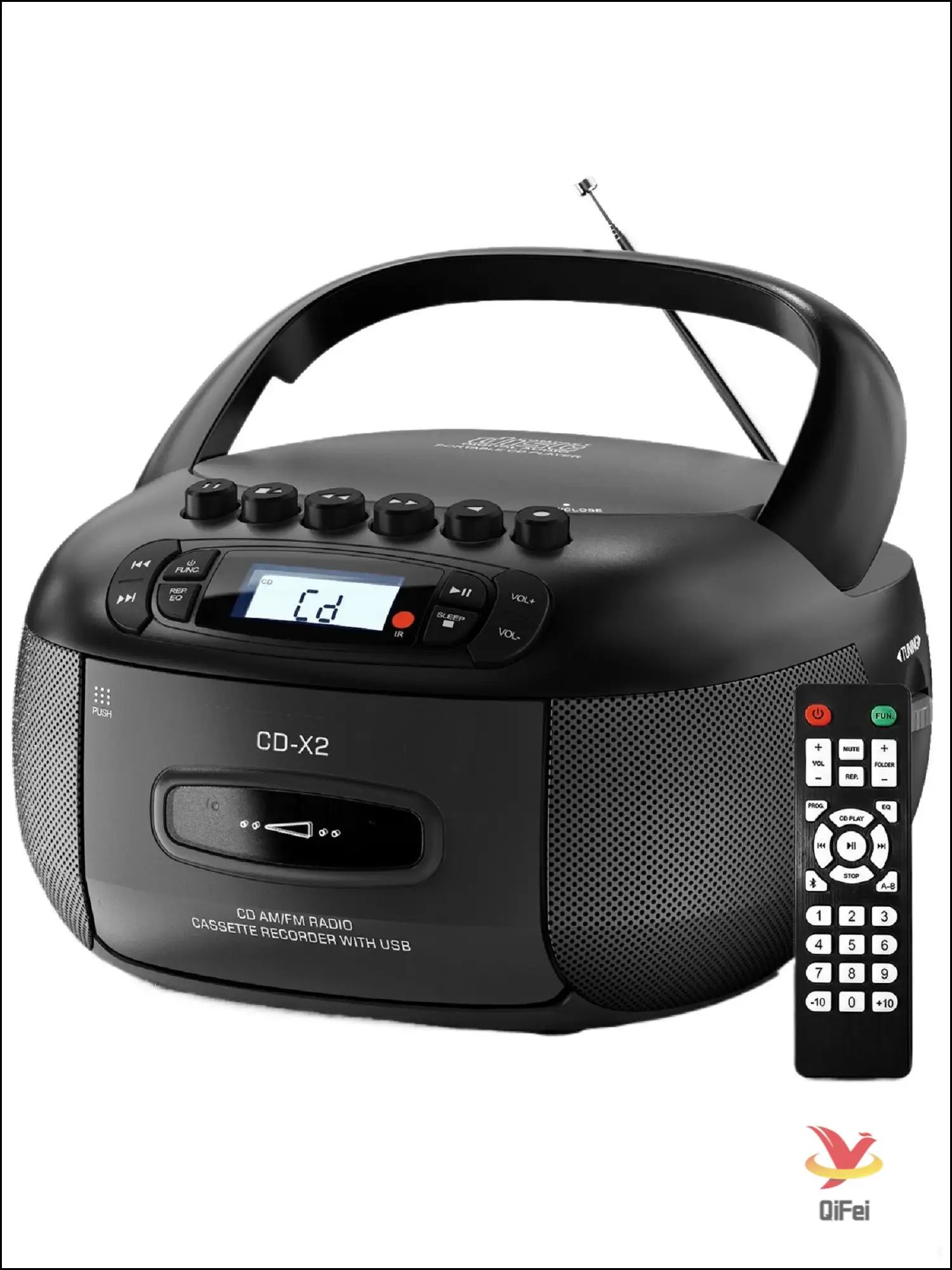 CD-бумбокс с кассетным проигрывателем, AM FM-радио, Bluetooth и пультом дистанционного управления, AUX/USB MP3-x