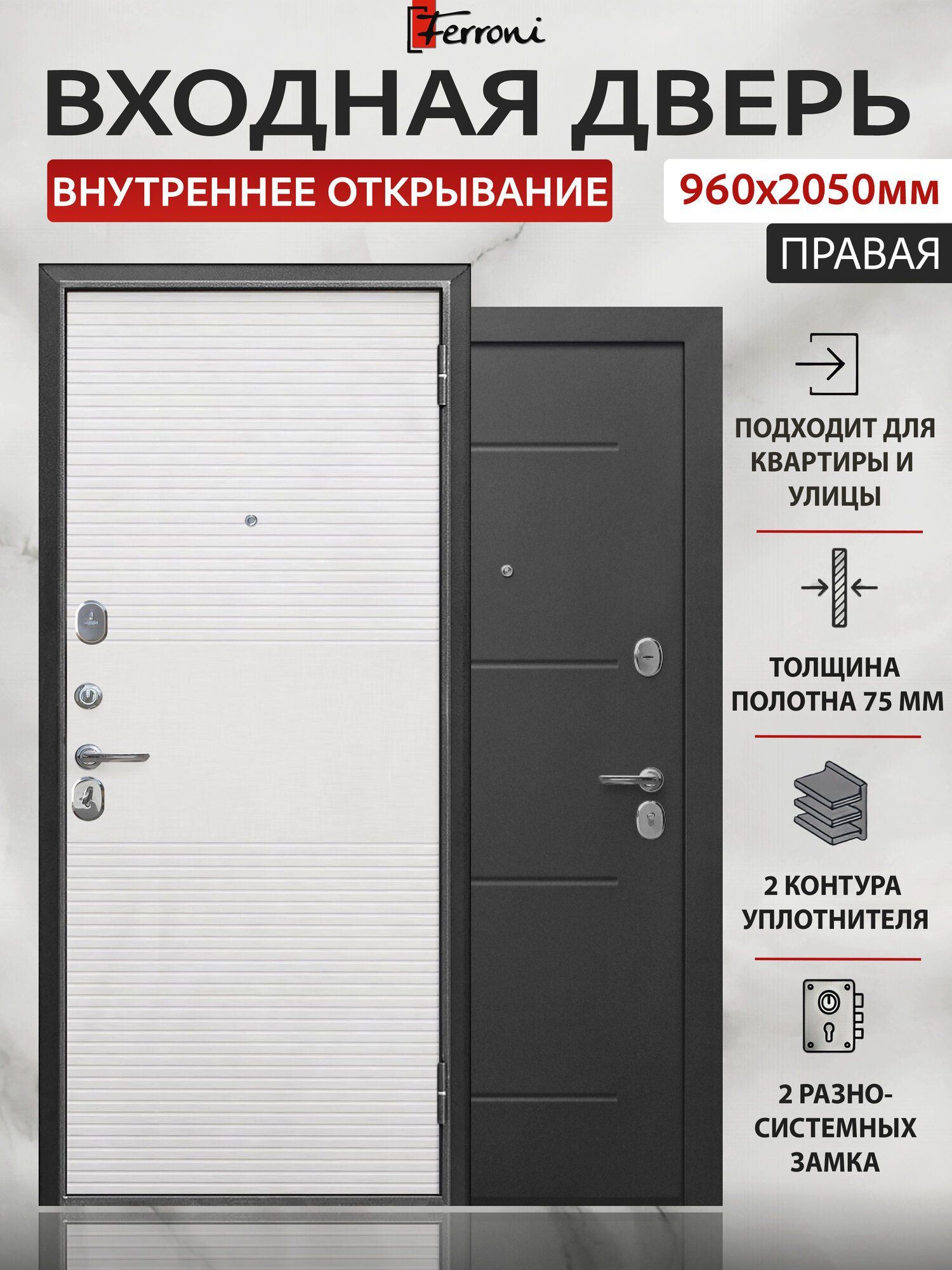 Входная дверь Ferroni внутреннее открывание 7,5 см Гарда Серебро Белый Ясень 960 правая