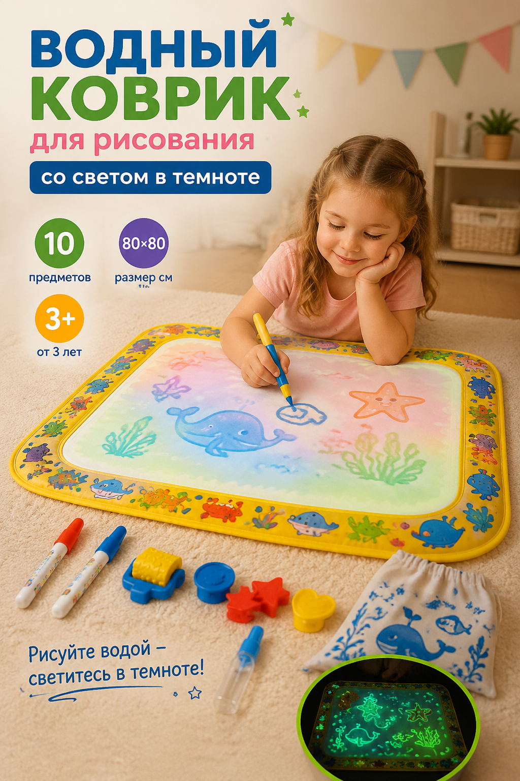 Водный коврик для рисования со светом в темноте, 10 предметов, 80×80 см