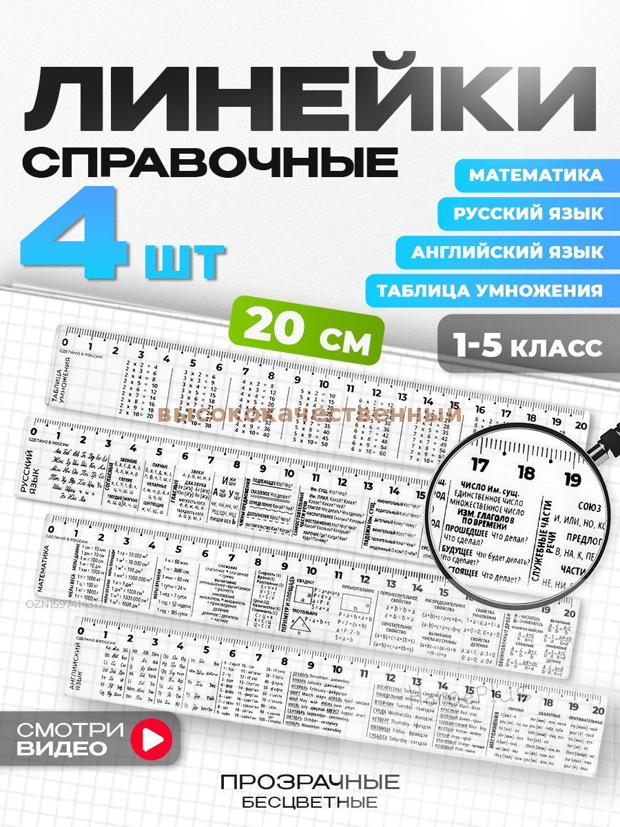 Линейки 20 см прозрачные, линейки для школы набор, шпаргалка с таблицей умножения, канцелярия для школы для девочек и мальчиков