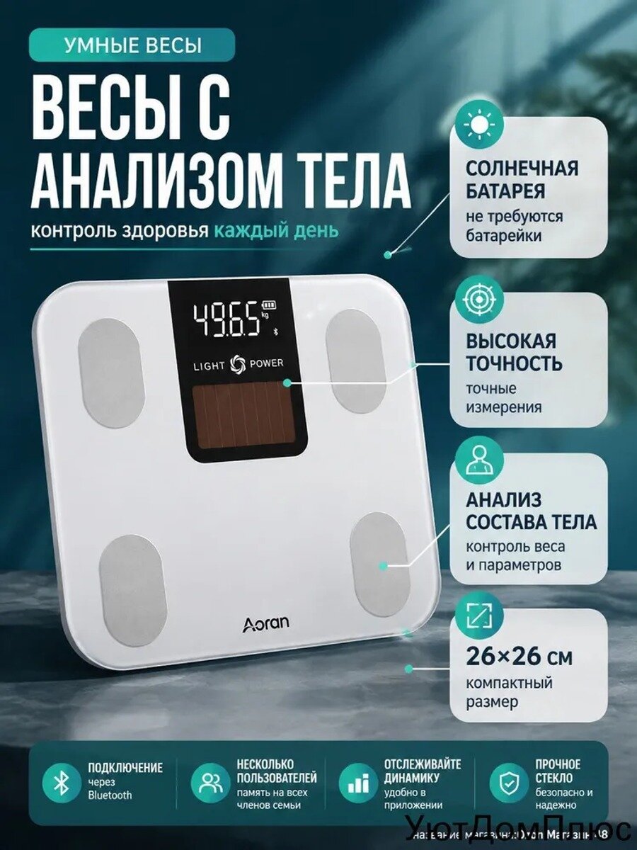 Умные напольные весы с анализом состава тела, нагрузка до 180 кг, 26×26 см