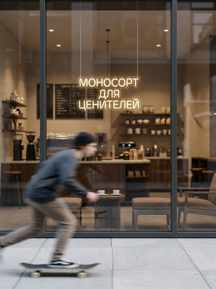 Неоновая вывеска "Моносорт для ценителей" 76х45см, неоновая надпись, LED светильник для кофейни