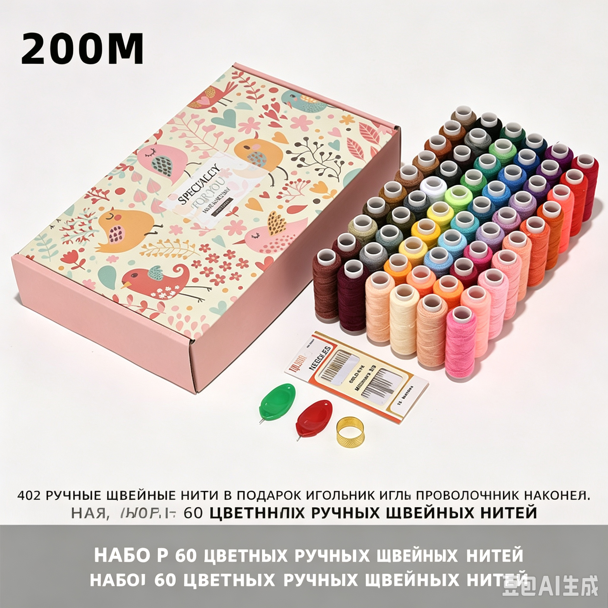 Набор полиэстеровых швейных ниток 40/2 для ручного шитья в подарочной коробке, комплект с иглами, нитковдевателем и наперстком