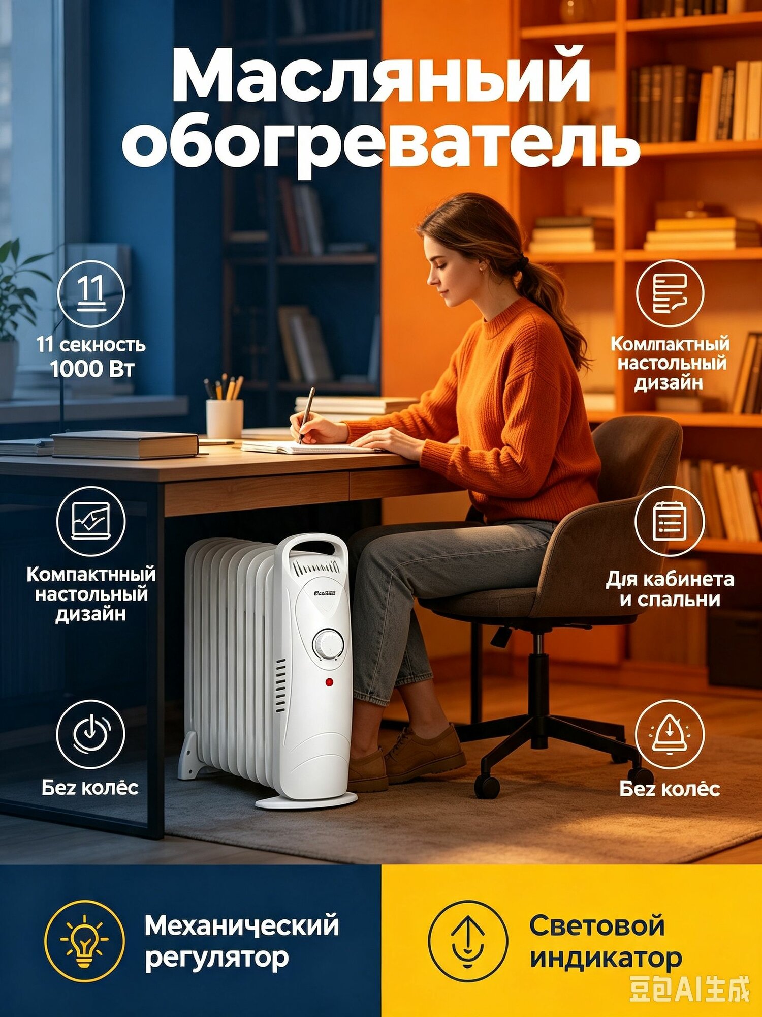 Обогреватель для дома, масляный радиатор 1000 Вт, Интеллектуальная постоянная температура,11 секций-10м2