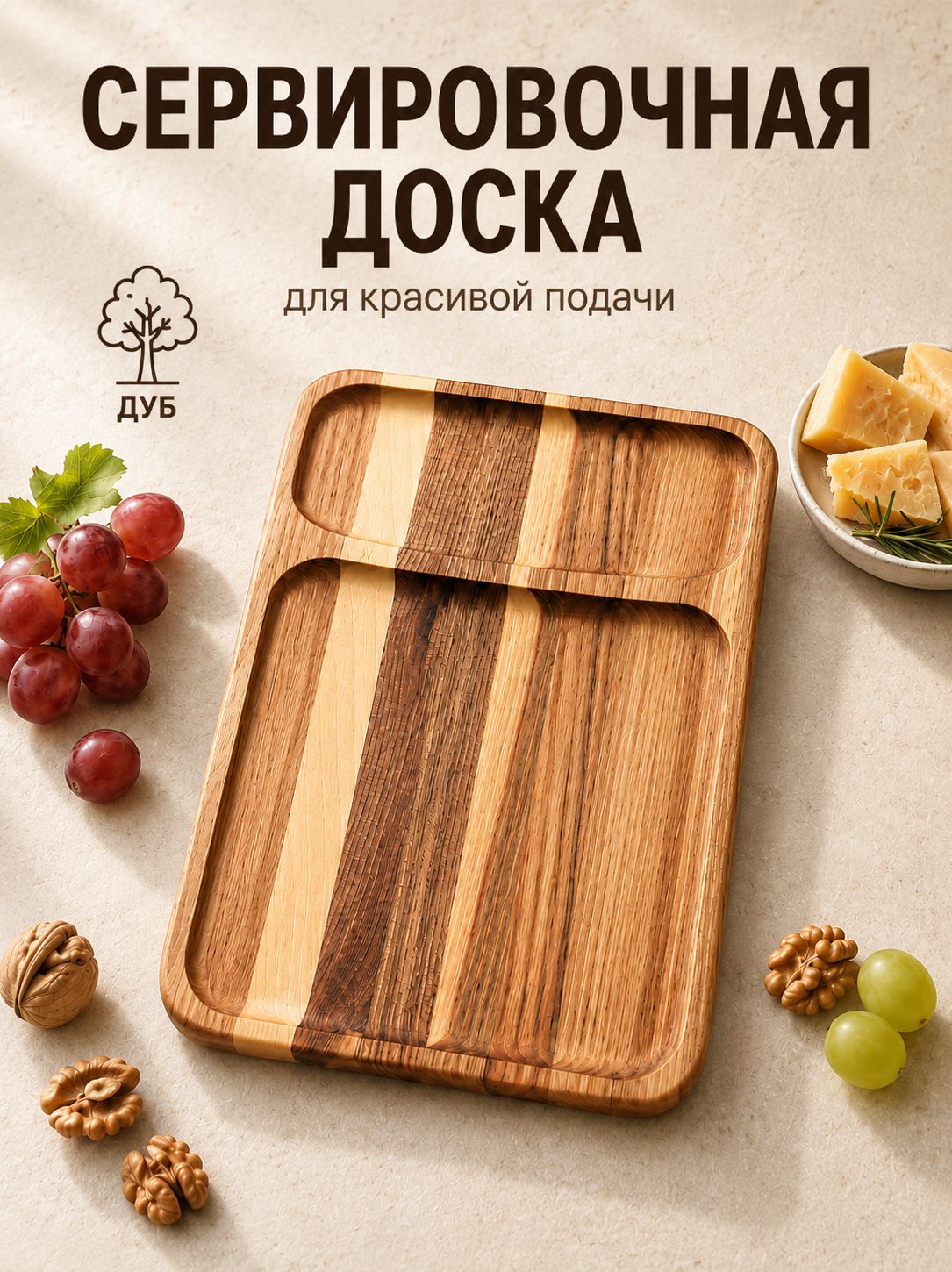 Менажница деревянная, блюдо сервировочное из дуба, доска для подачи закусок