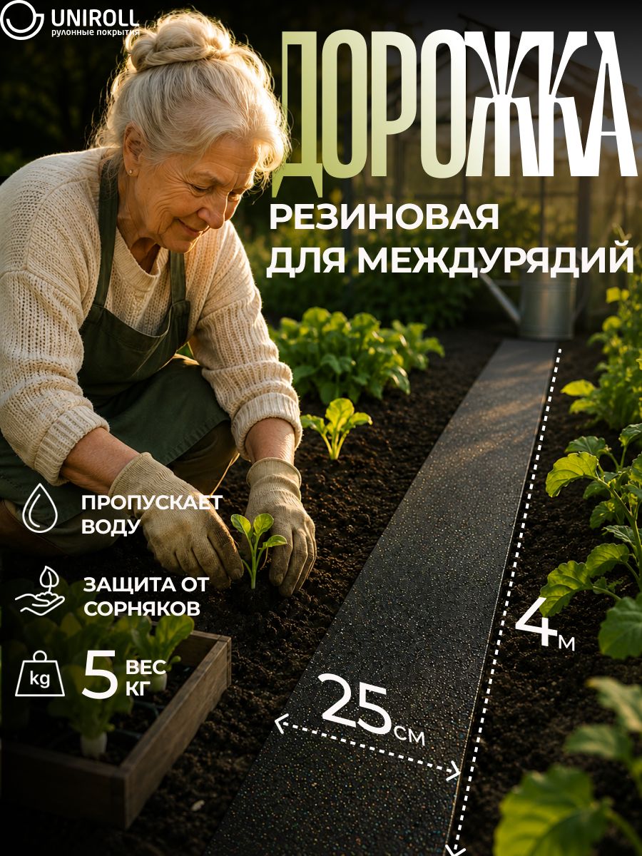 Резиновый настил садовый 4м*25см*5мм , между грядок для теплицы, защитная полоса для междурядий Uniroll/Юниролл