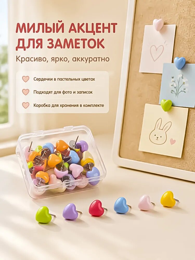 Канцелярские кнопки гвоздики "сердечки" для пробковых досок случайных цветов