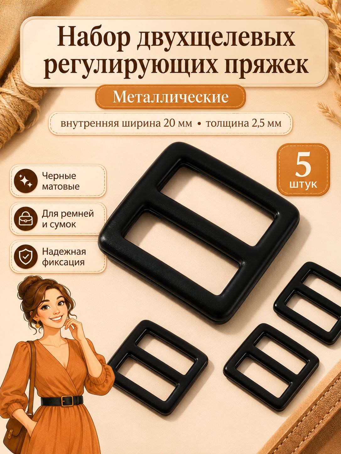 Набор металлических двухщелевых регулирующих пряжек, внутренняя ширина 20 мм, толщина 2,5 мм, 5 штук, чёрные матовые