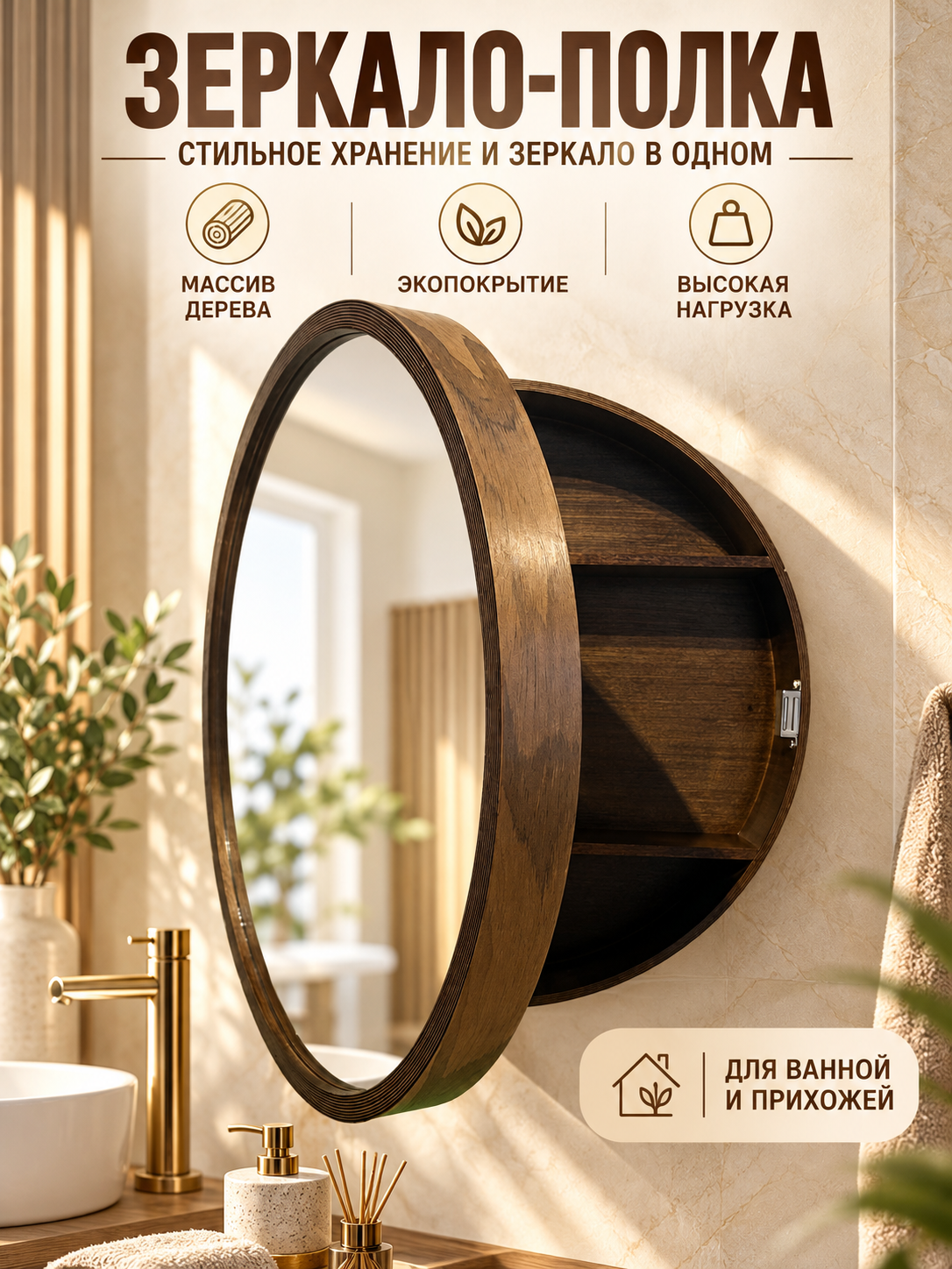 Зеркало-полка круглое из массива дерева, настенное, с полками для хранения, подходит для ванной комнаты и прихожей