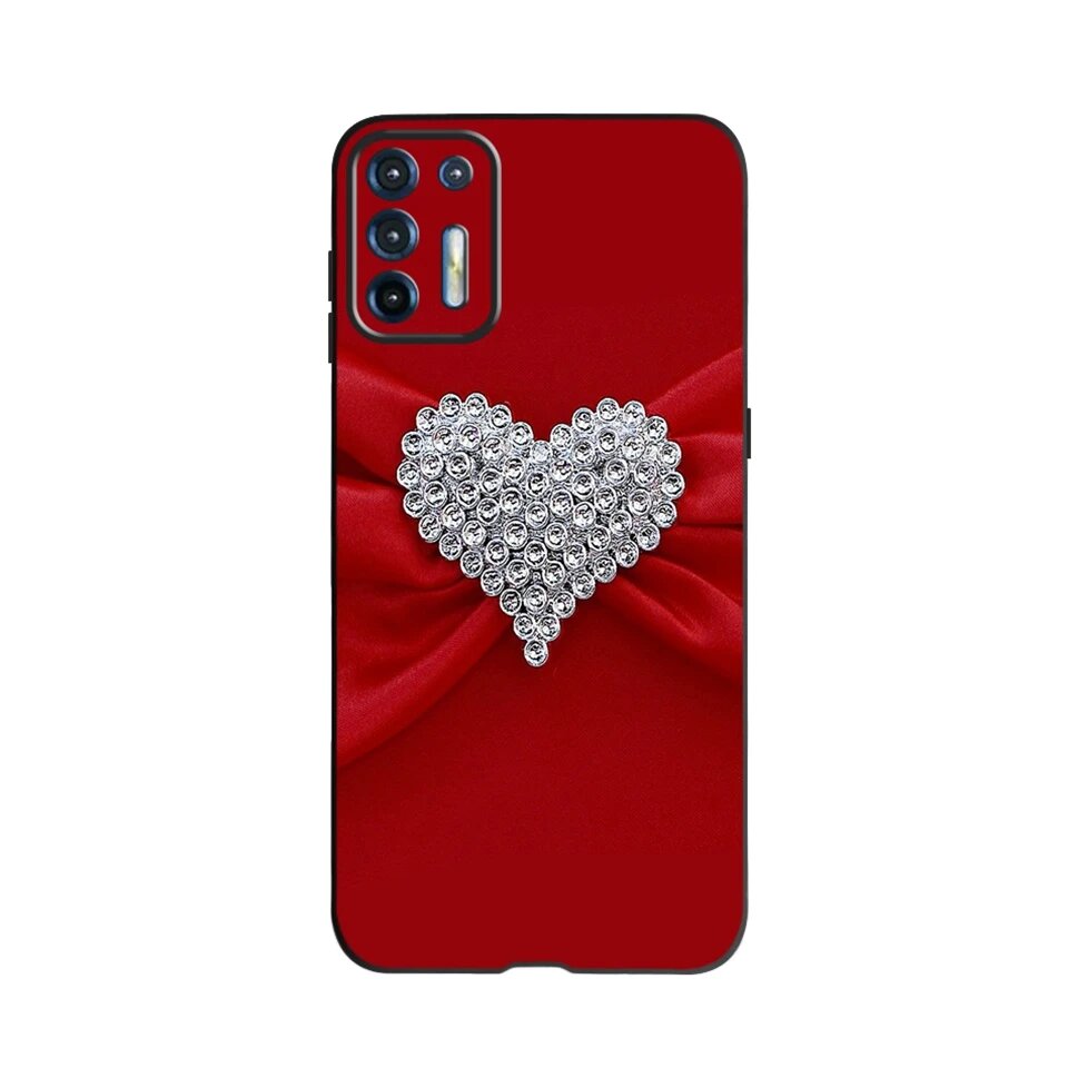 Красный чехол для Motorola G9 Plus с сердцем из страз