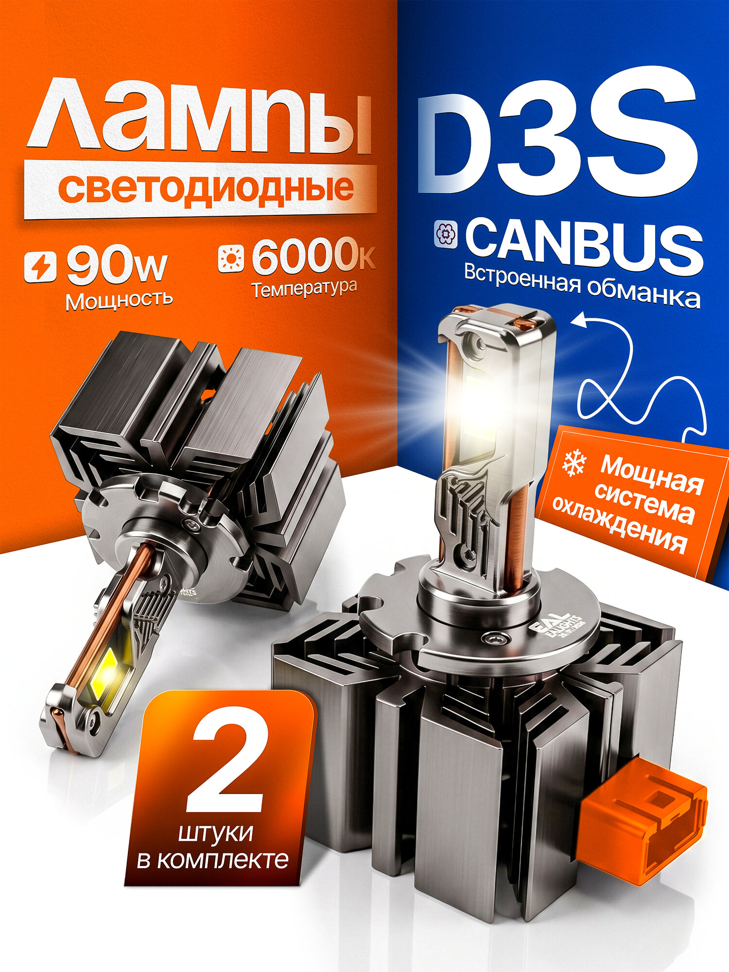 Светодиодные лампы D3S LED 90W для авто, 6000K комплект 2 шт, замена ксенона с обманкой Canbus