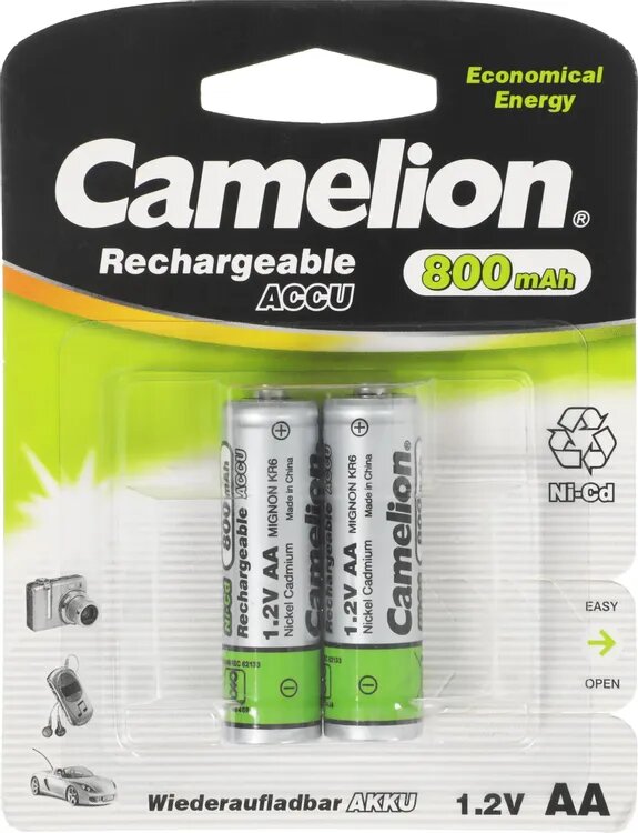 AA Аккумуляторная батарейка CAMELION NC-AA800BP2, 2 шт. 800мAч