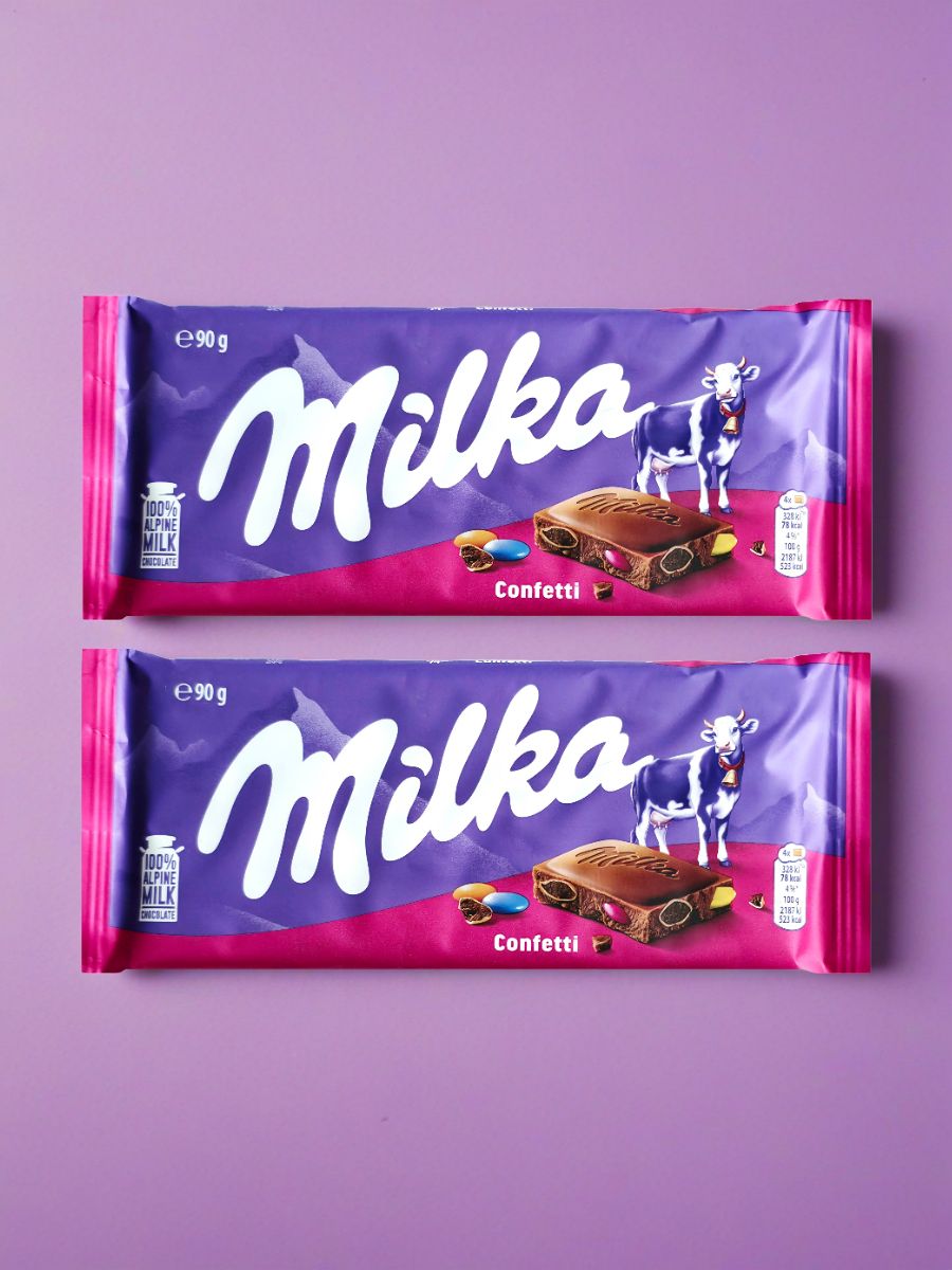 Шоколадная плитка Milka Confetti Милка молочный шоколад с разноцветными драже, 2 шт. по 90 гр. (Швейцария)