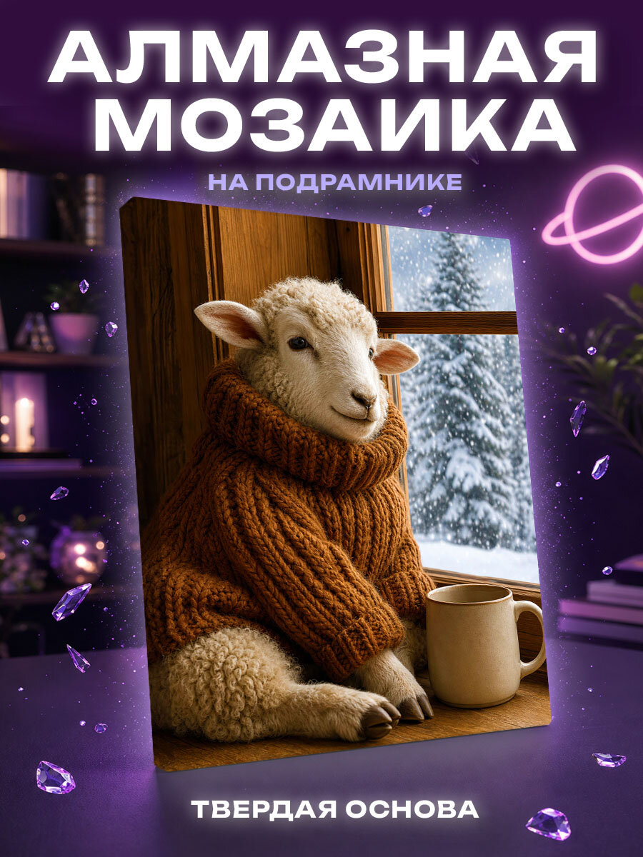 Алмазная мозаика Овечка у зимнего окна