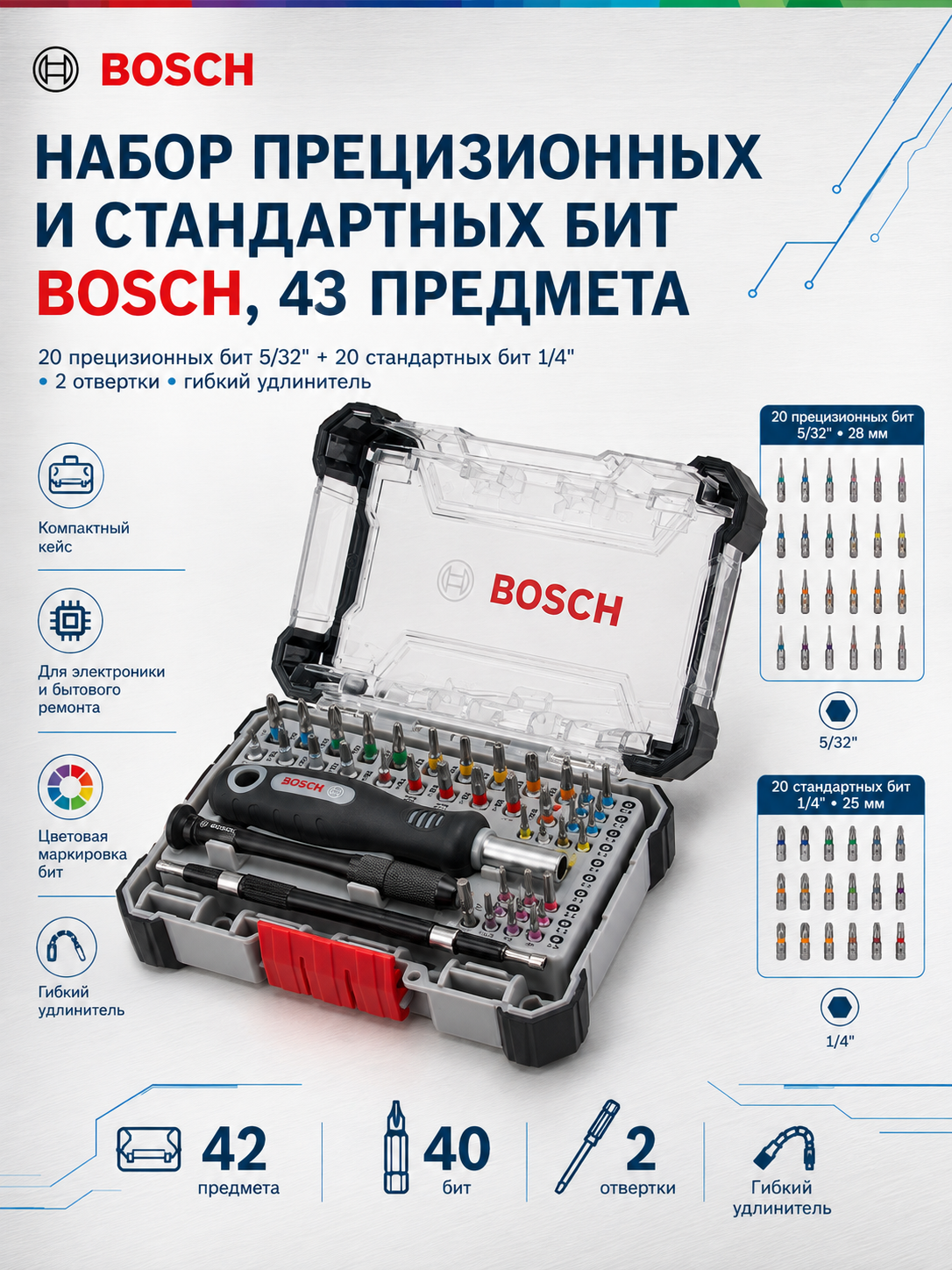 Набор бит и отверток Bosch, 42+1 предмета, С гибким удлинительным стержнем, с прецизионной рукояткой, для точных работ