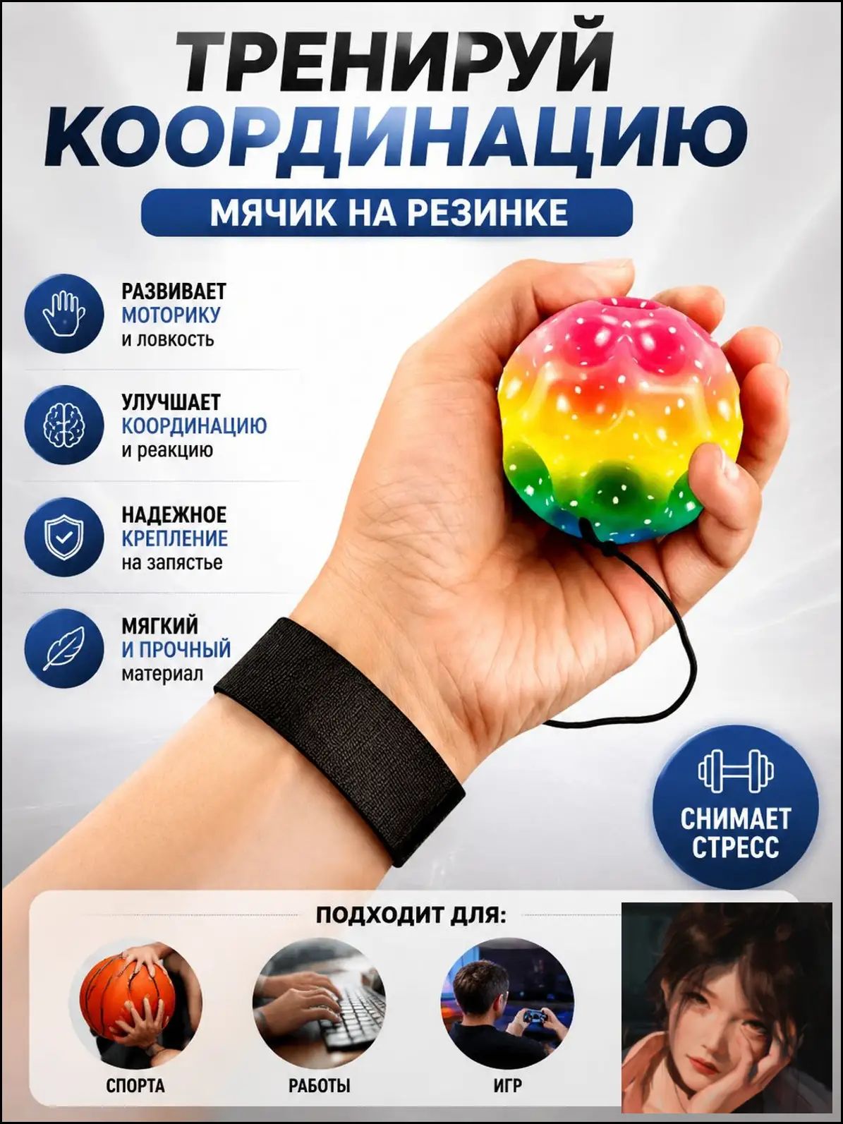 Игрушка-прыгающий мяч на запястье желтый ABS пластик для детей от 1 года, развивающая игру для дома и улицы