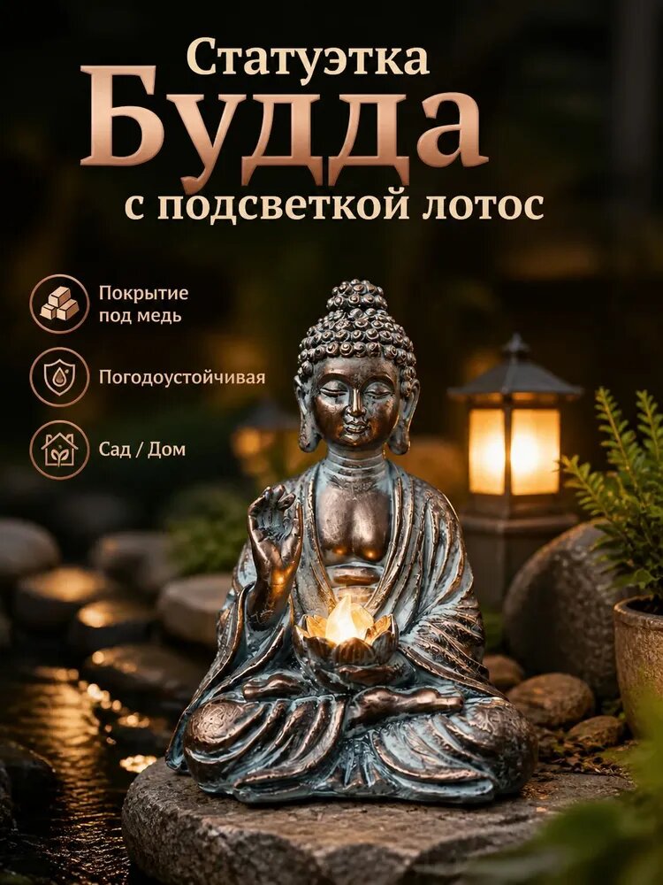 Фигурка садовая Будда с подсветкой лотос, покрытие под медь, 15*11*19.5 см