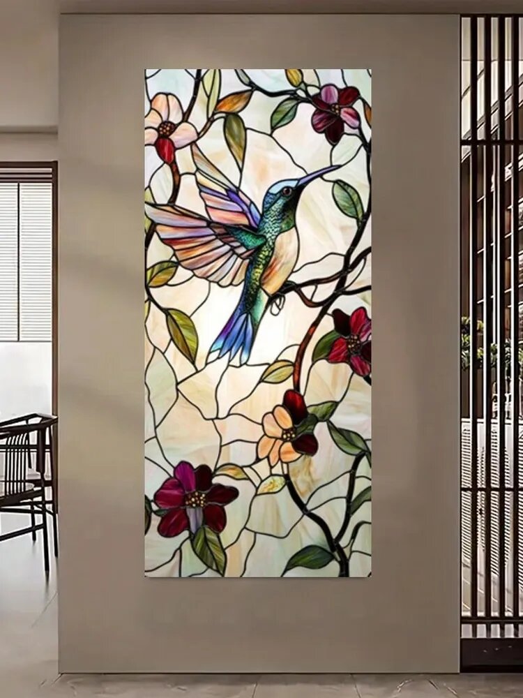 Картина "Витраж с колибри и цветами на холсте" 40x90 см