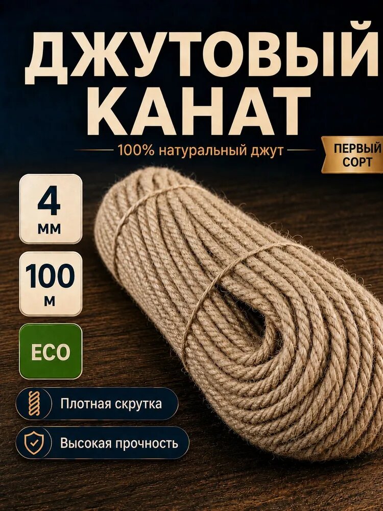 Канат джутовый 4 мм, 100 м, веревка джутовая для декора, рукоделия, упаковки и когтеточки