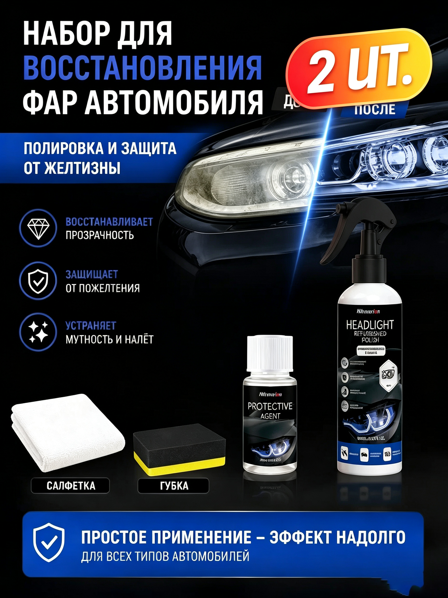 Комплект для ремонта автомобильных фар, 2 штуки, от пожелтения, распыления и царапин