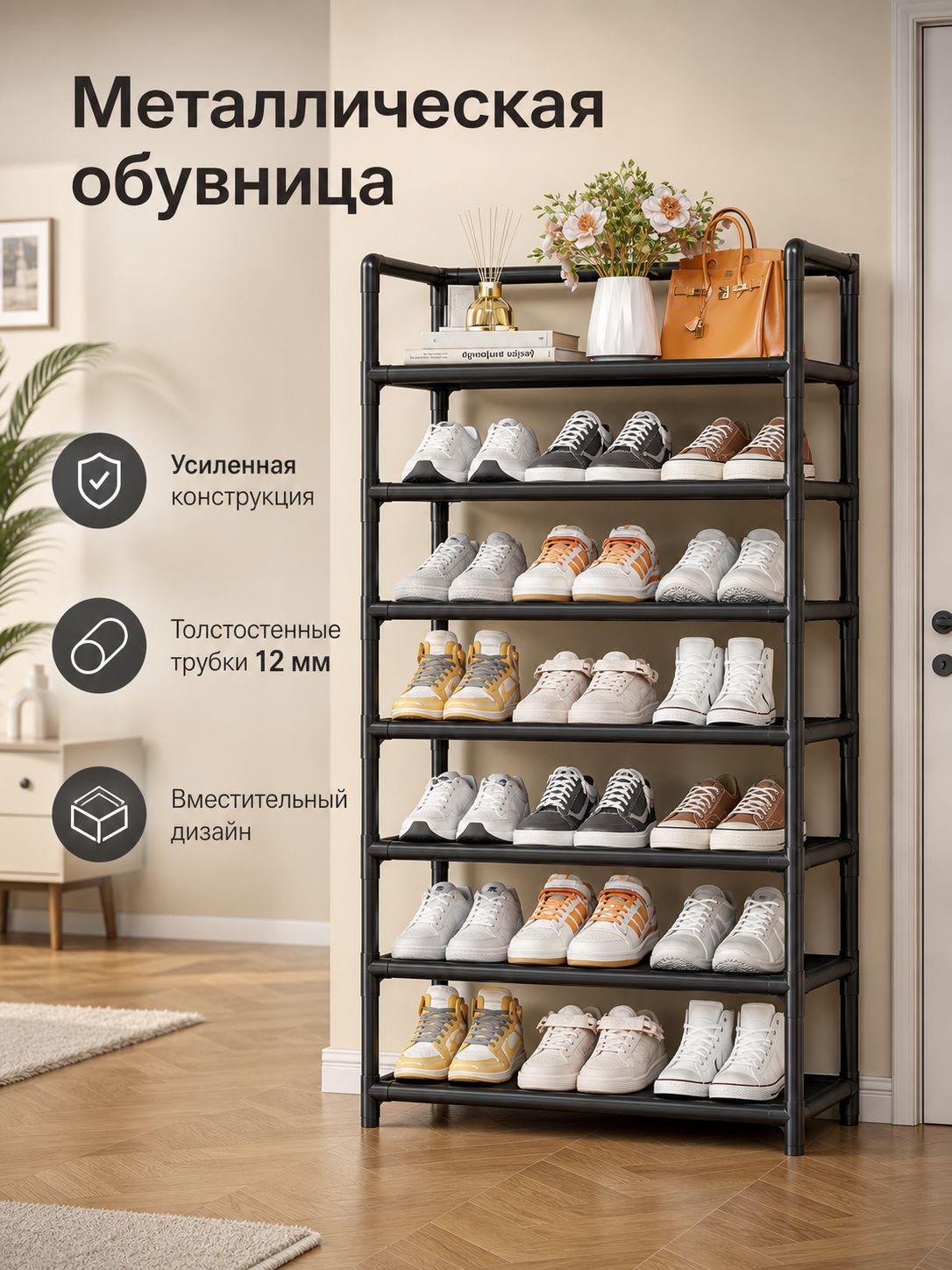 Напольная обувница-этажерка, 7 полок, черный цвет, металлическая разборная полка для обуви в прихожую