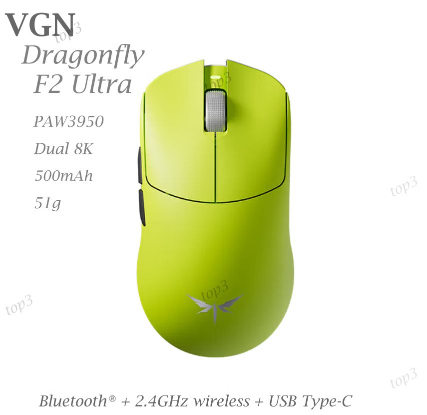 Игровая мышь беспроводная VGN Dragonfly F2 Ultra Dual 8K беспроводная игровая мышь, PAW3950,500 мА, Зеленая, салатовый