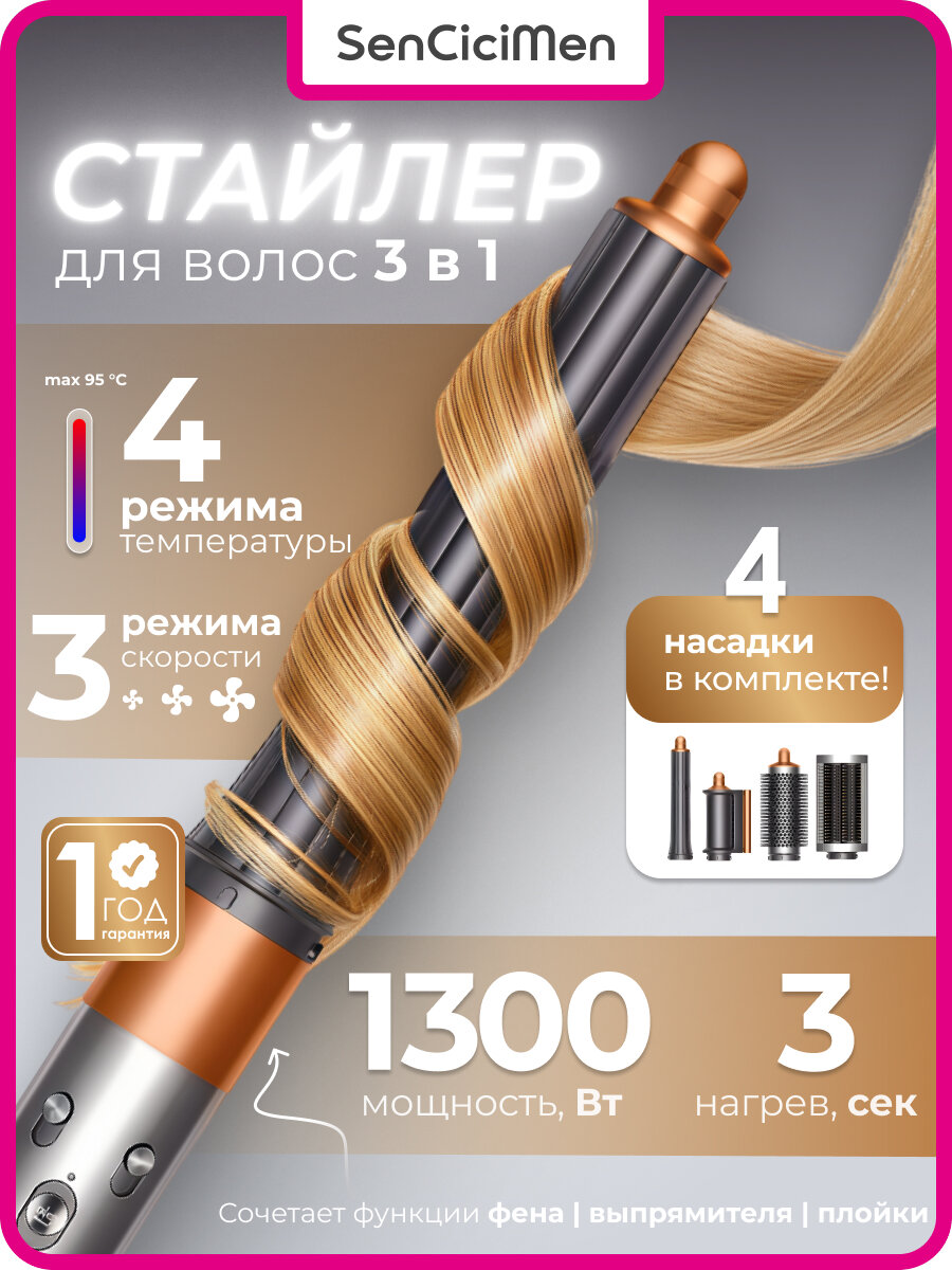 Фен для волос с 4 насадками SenCiciMen Multifunction Hair Styler X9 EU Bright Grey