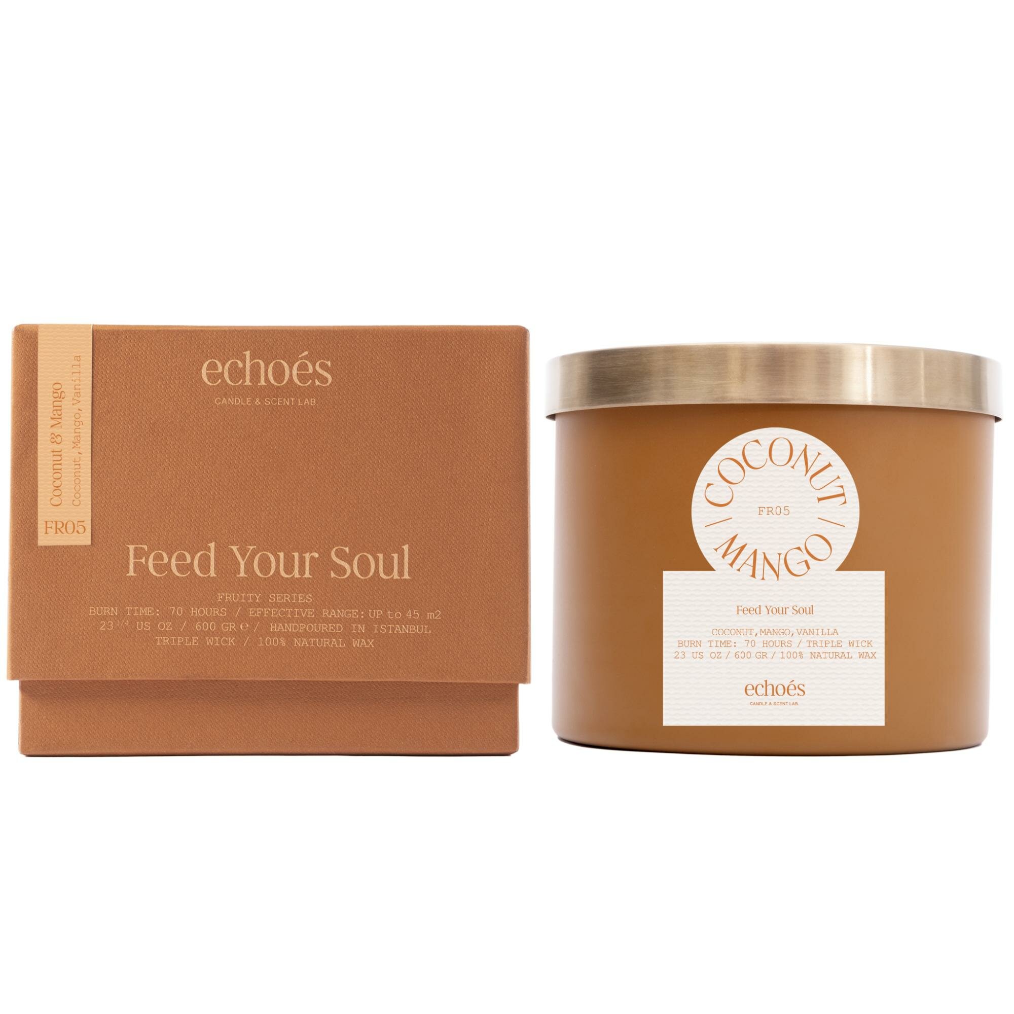 ECHOES Coconut & Mango Large Candle 600g Большая свеча с тремя фитилями с крышкой в подарочной упаковке, 600 гр.