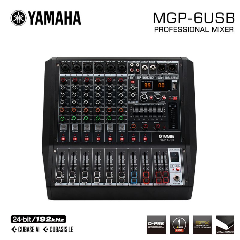 Микшерный пульт Yamaha MGP-6USB профессиональный аудио микшер 6 каналов с USB интерфейсом, DSP эффектами, 24bit/192kHz, для живых выступлений и домашней студии
