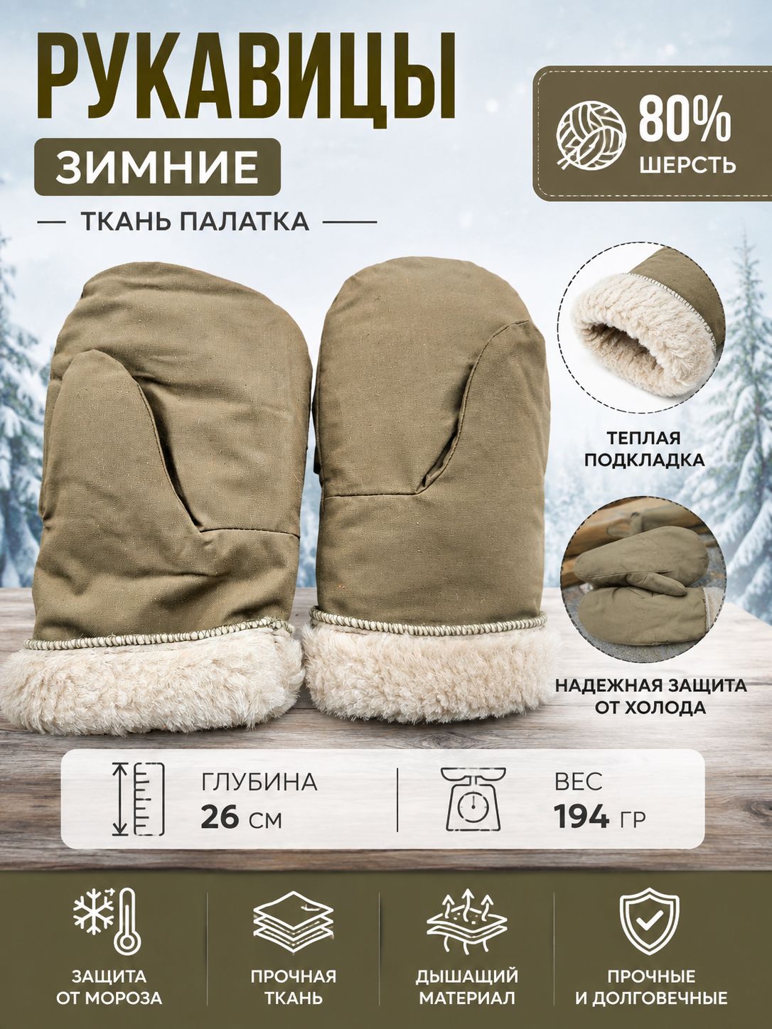 Рукавицы зимние рабочие ткань палатка 80% шерсть