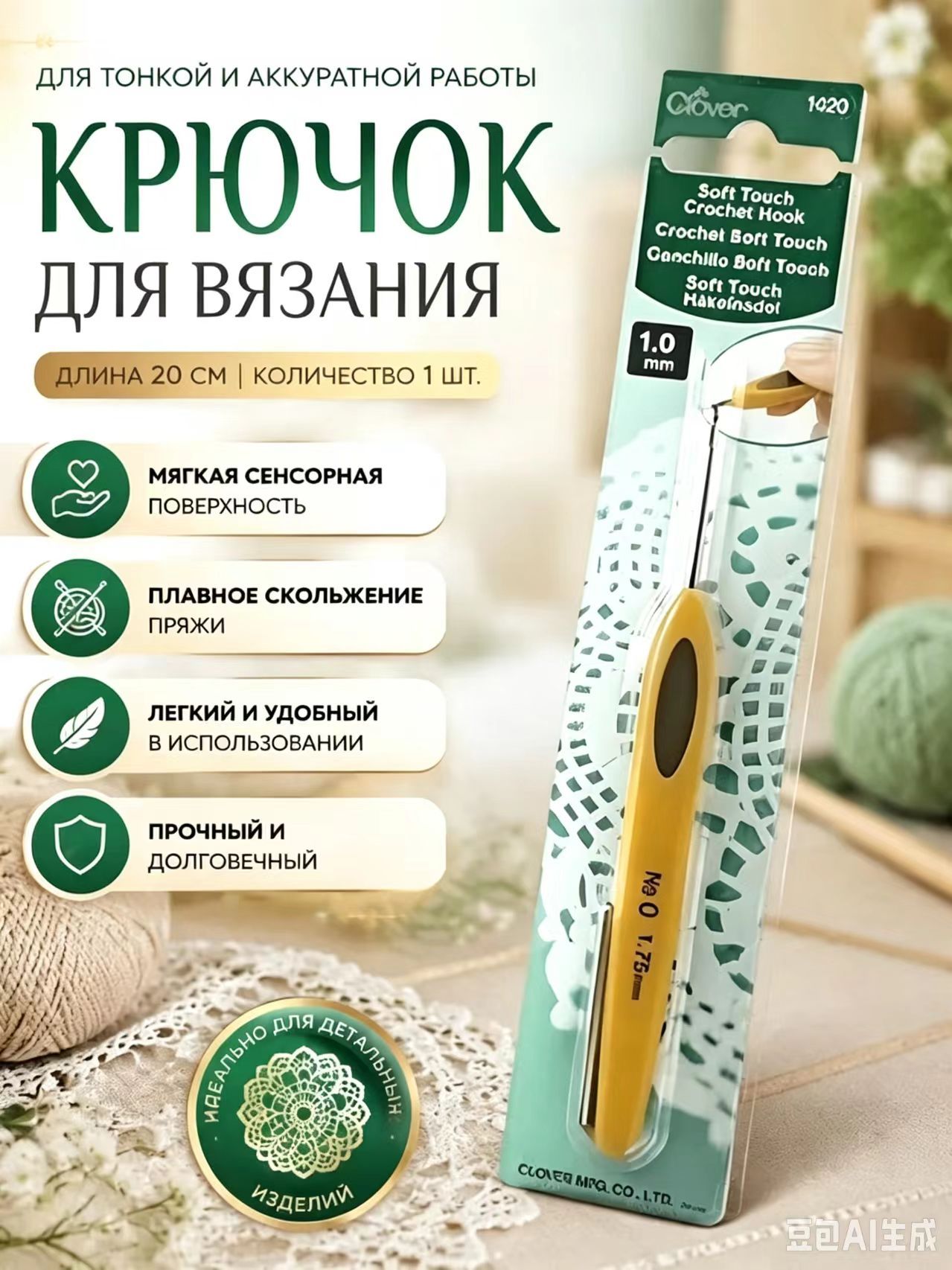Крючок для вязания Clover Soft Touch, размер 1,0 мм, с эргономичной ручкой
