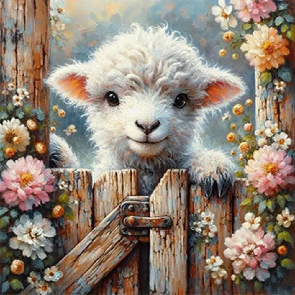 Алмазная мозаика MomoArt 5D: Овца и цветы Full Round 30X30cm
