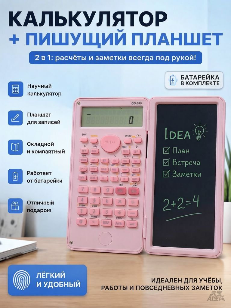 Калькулятор с пишущим планшетом 2в1 складной розовый