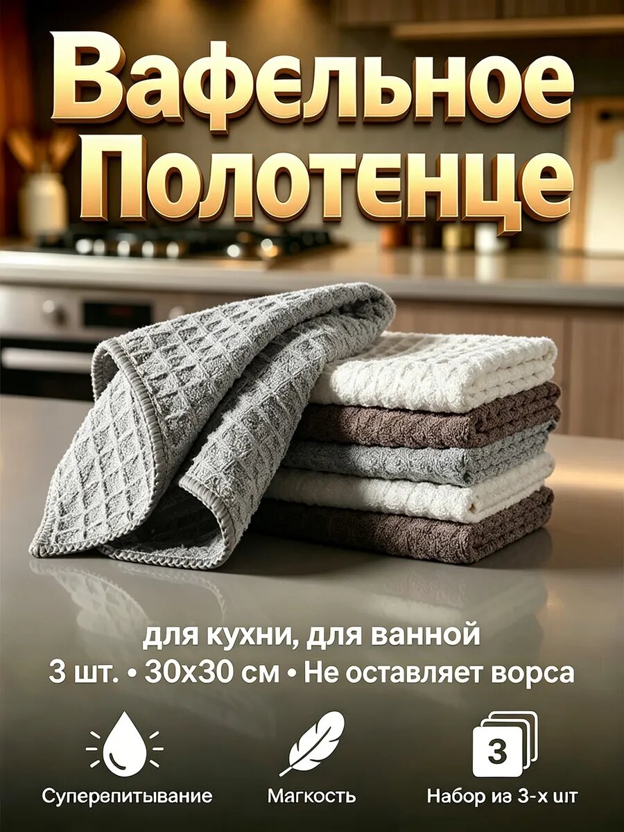 Полотенца кухонные вафельные из микрофибры 30x30 см 3 шт