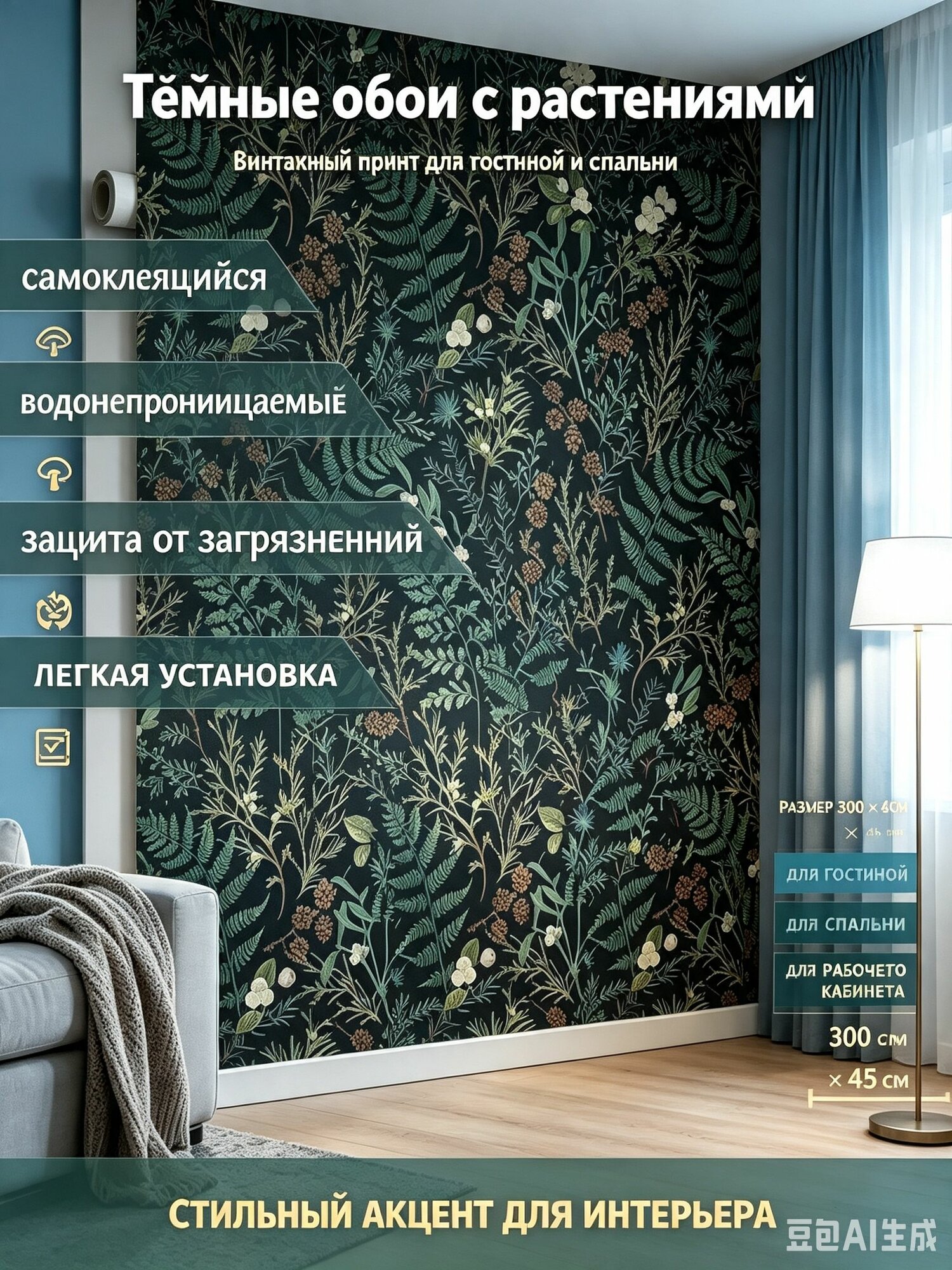 Фоновая стена гостиной с зелеными цветами, 3 м*0.45 м, для гостиной и спальни