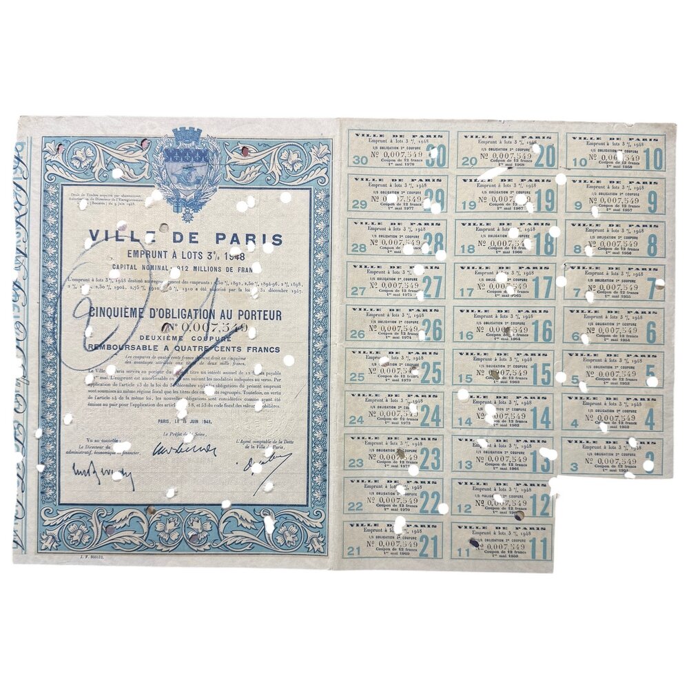 Франция, Парижский заём, облигация на 400 франков 1948 г. (28 купонов) (Лот №2)