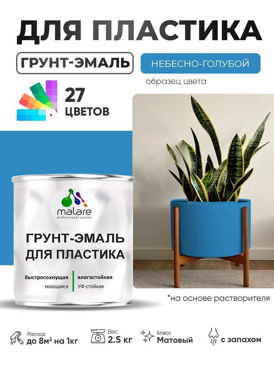 Грунт-Эмаль, Краска Malare 3 в 1 для пластика, окон и подоконников, сайдинга, быстросохнущая, матовый, небесно-голубой, 2,5 кг.