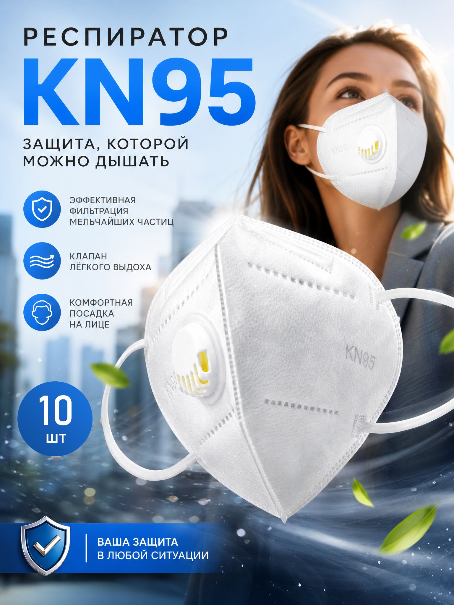 KN95 Респиратор профессиональный, FFP2, 10 шт, для защиты органов дыхания по назначению, Единиц в одном товаре 10