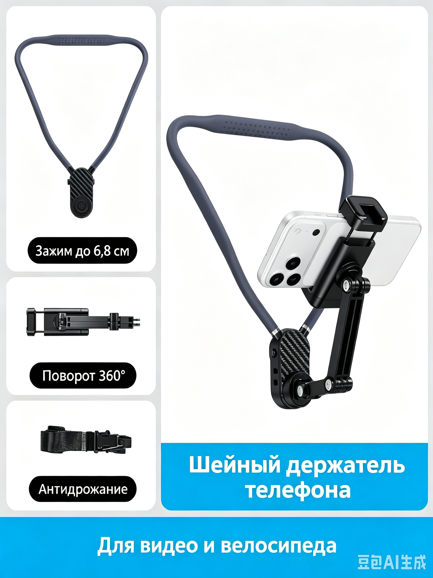 Шейный подставка‑держатель смартфона, силикон+пластик, поворот 360°‑ для съемки от первого лица и велопрогулок