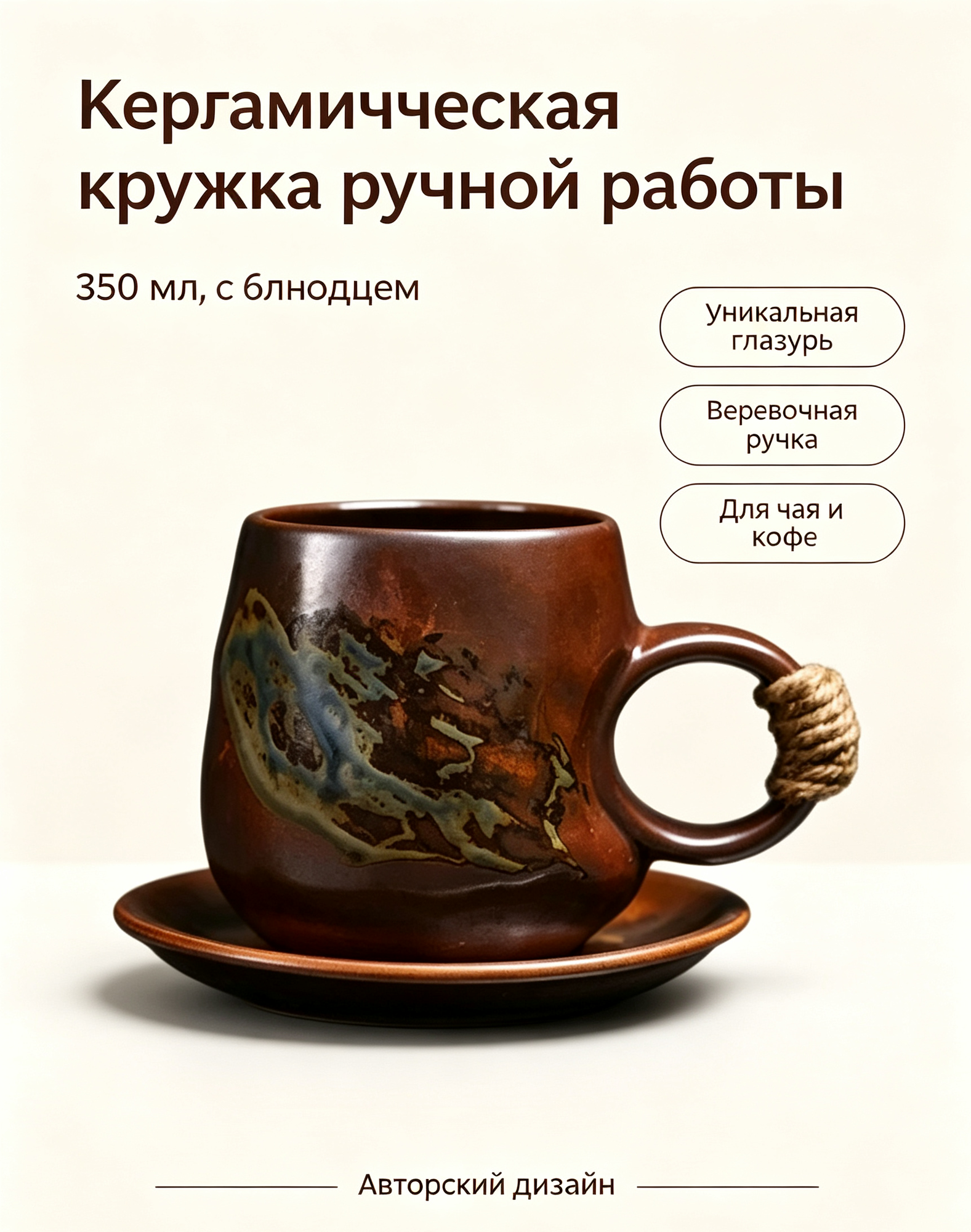 Керамическая кружка ручной работы с уникальной глазурью и веревочной ручкой, 350 мл – чашка для кофе/чая с блюдцем