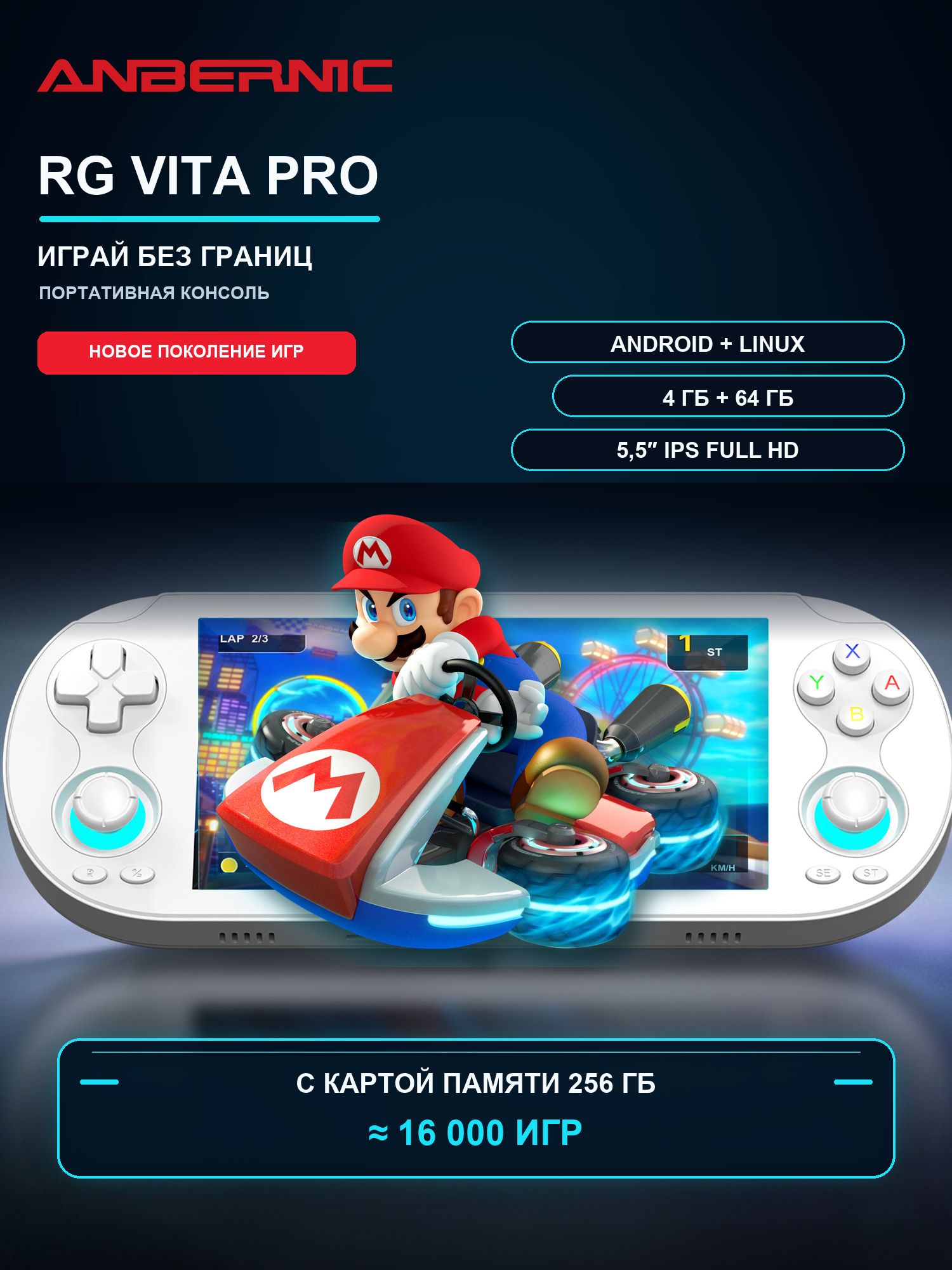 ANBERNIC RG VITA Pro портативная консоль 4+64GB+256GB 5.5" IPS Android эмулятор PS2/PSP белое