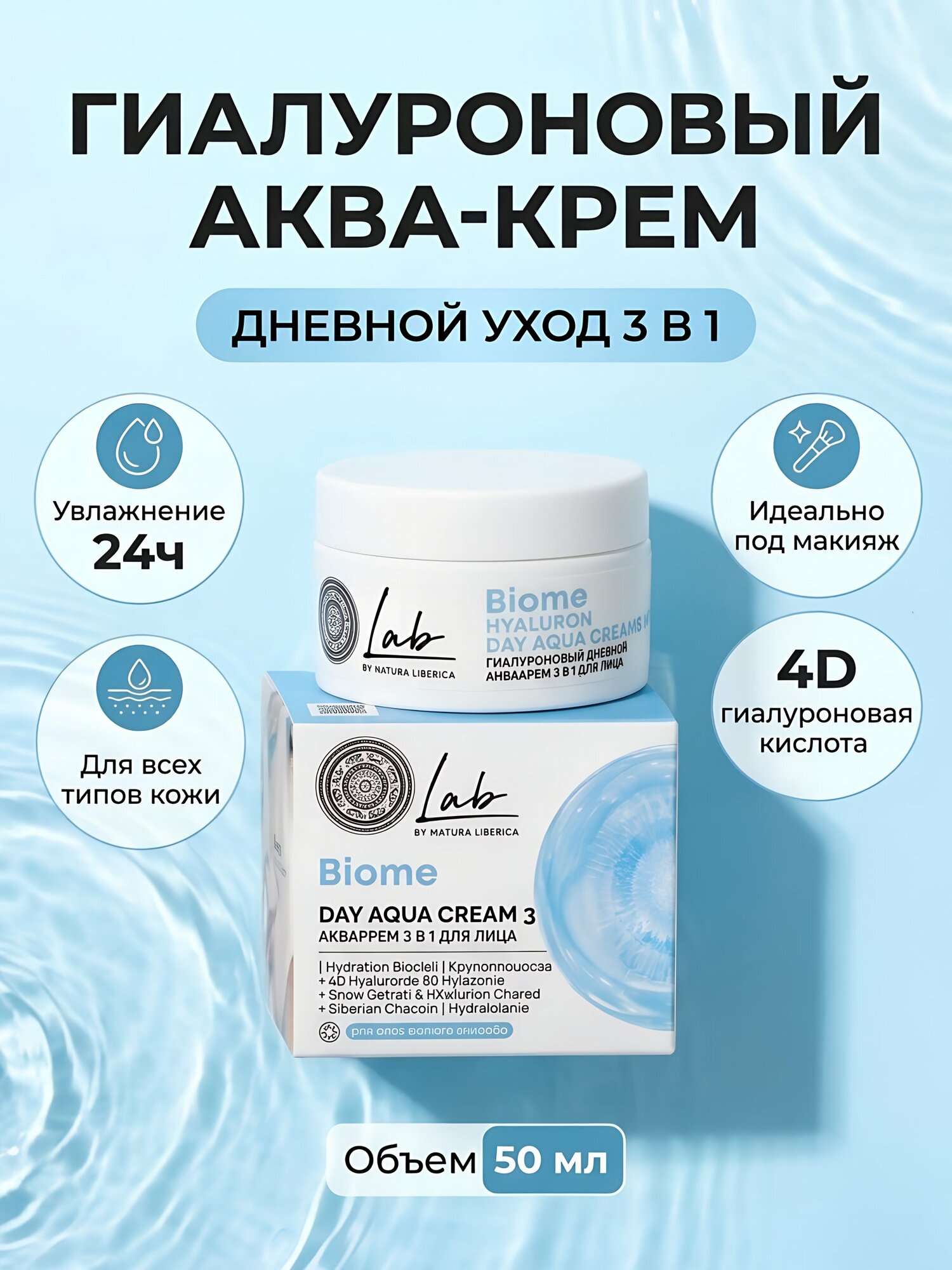 Аква-крем для лица Natura Siberica LAB Biome гиалуроновый дневной 50 мл для всех типов кожи