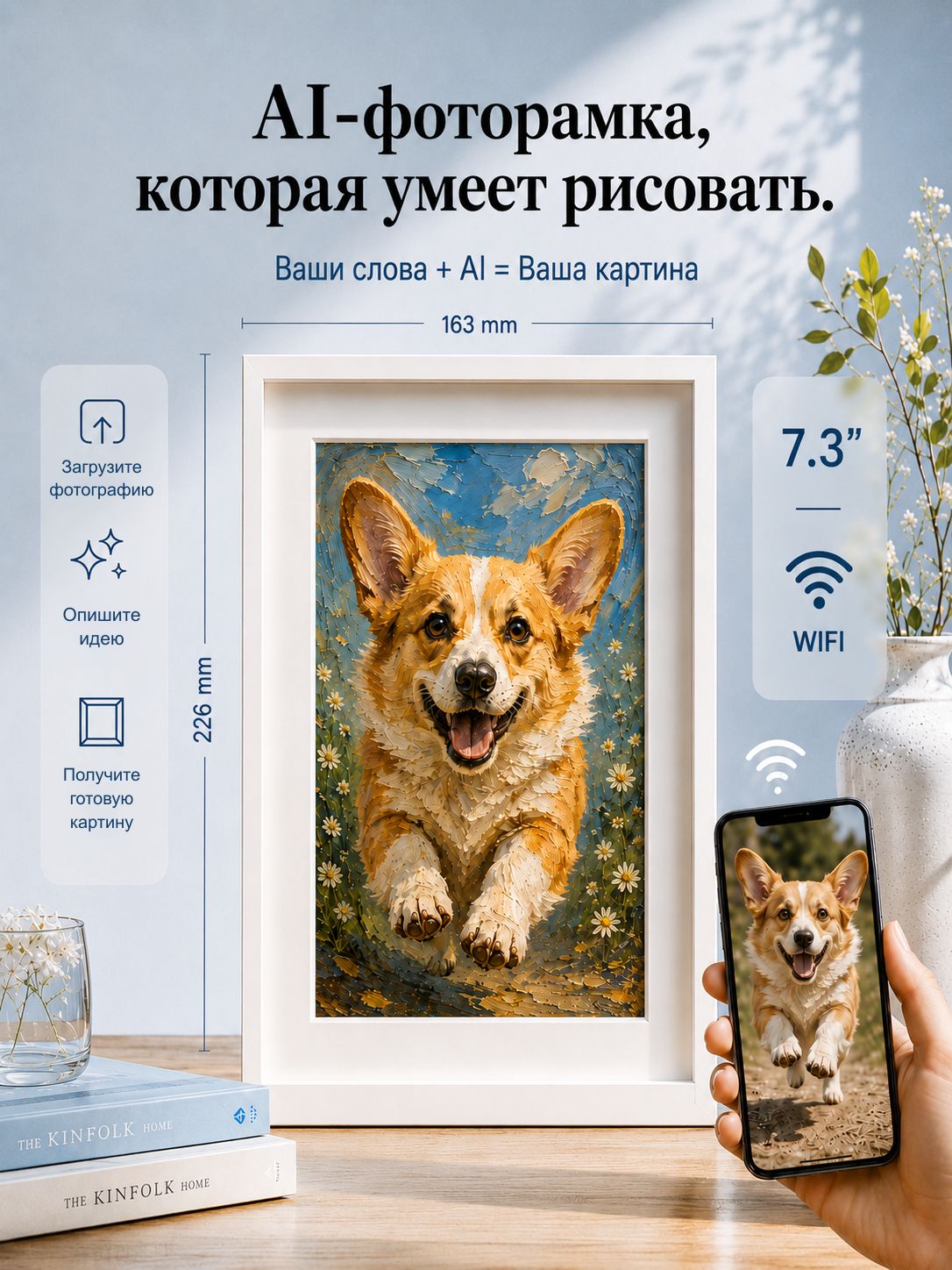 Цифровая умная фоторамка 7.3" с ИИ, экран E Ink электронная бумага, защита глаз, WiFi отправка фото, автономность до 1 года в режиме ожидания, оригинальный подарок KoKonna