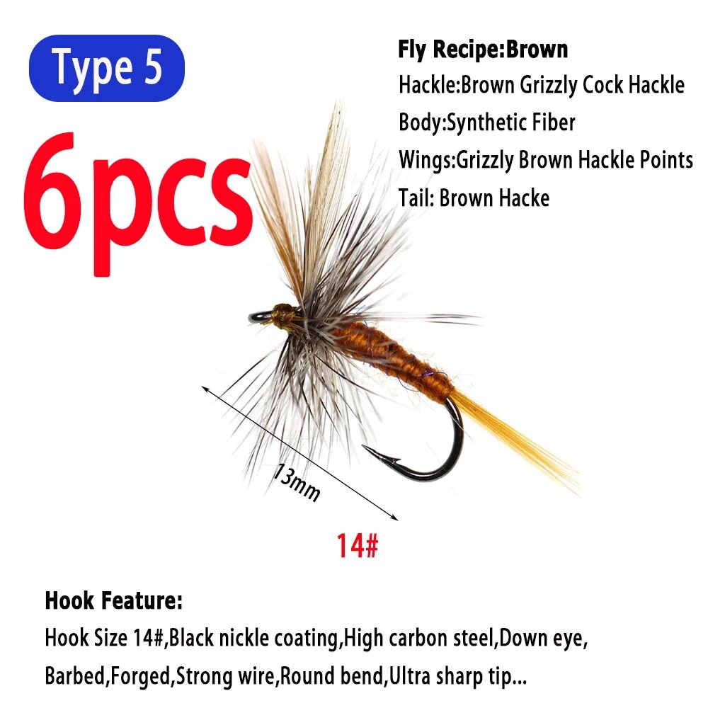 6 шт. Brown Type 5B Мушки для ловли рыбы